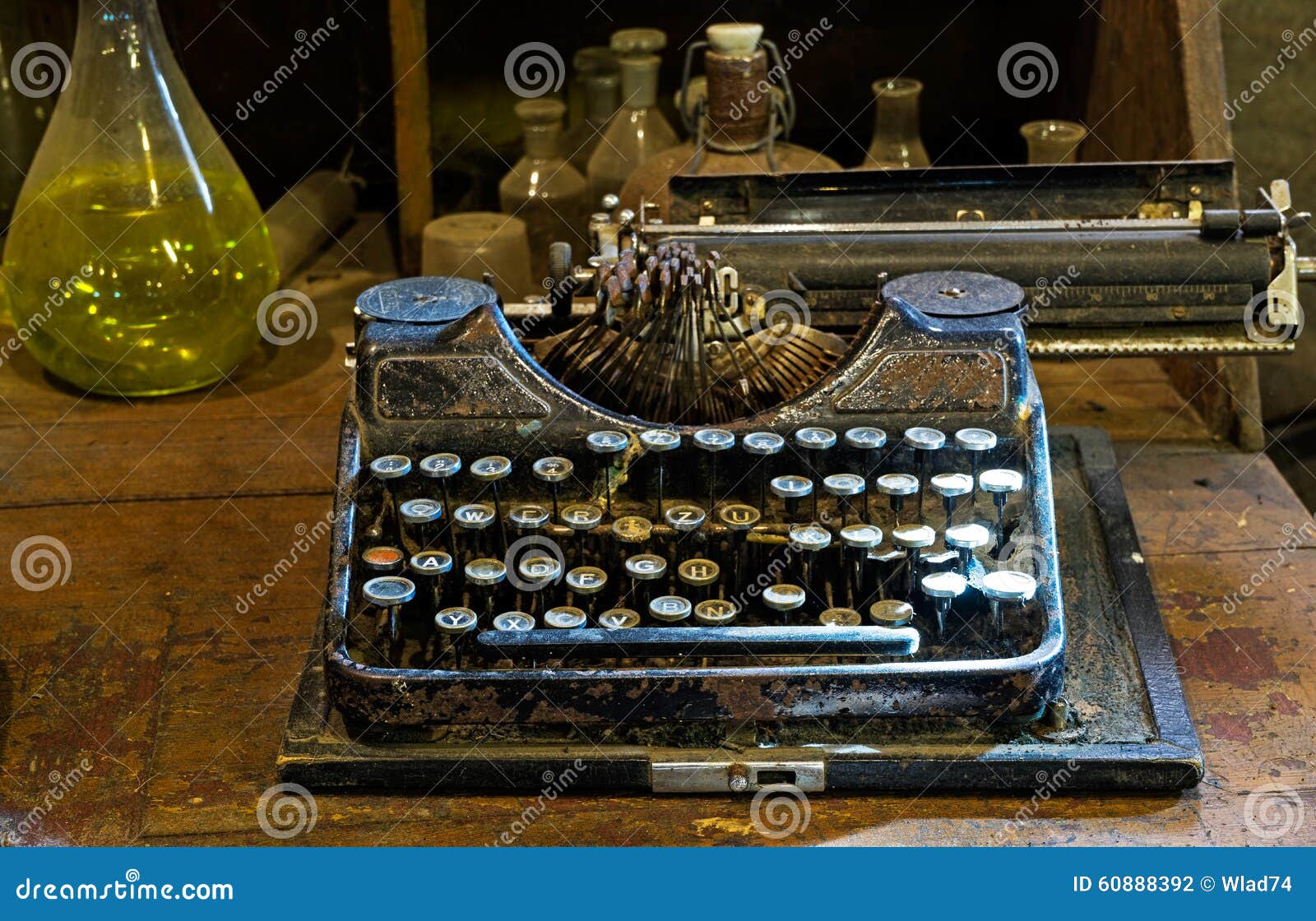 The Old Decanter With A Reagent On Dusty Table Royalty-Free Stock ...