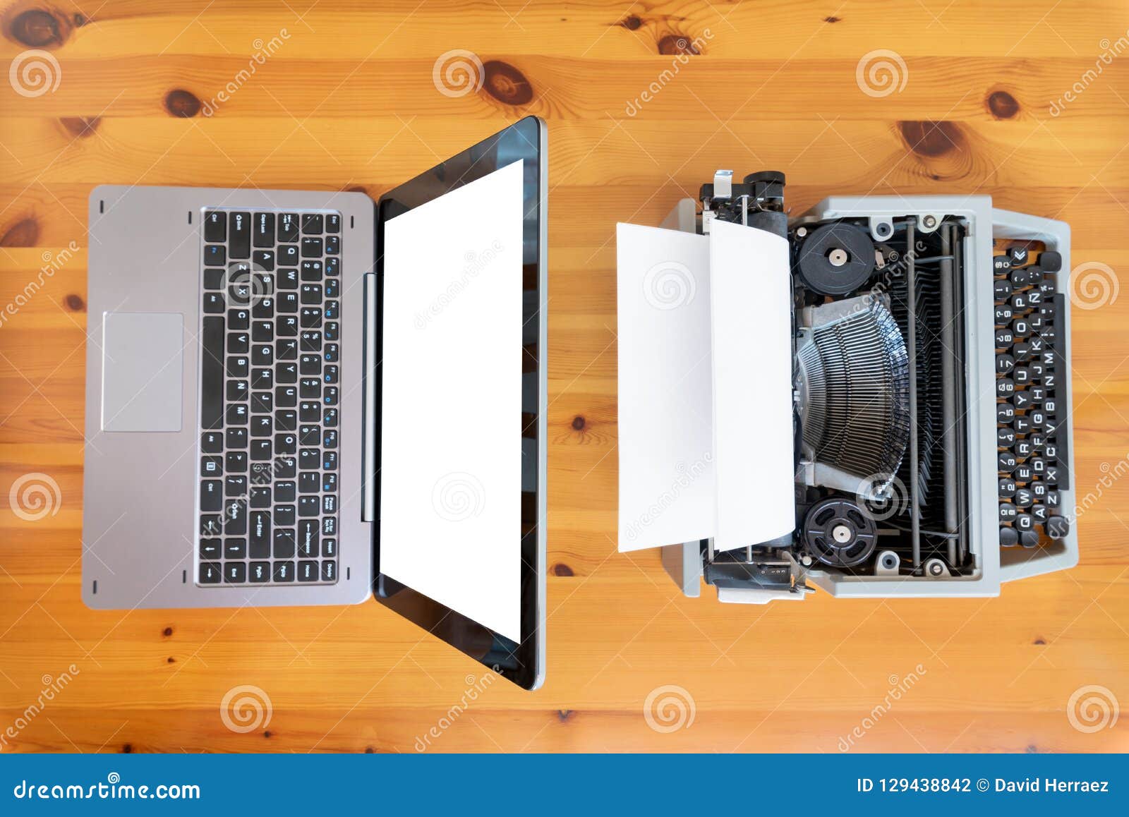 Old Typewriter Vs New Laptop on the Table. Concept of Technology ...
