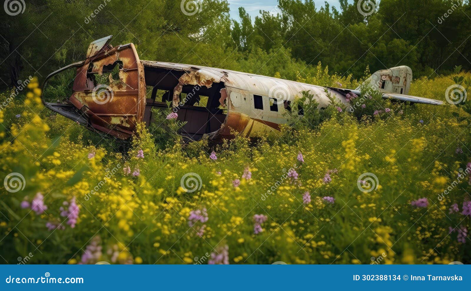 Old Unknown Rusty Abandoned Crashed Plane in Meadow of Wildflowers on ...