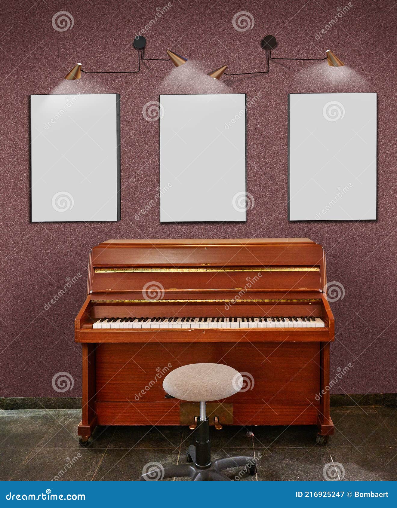 Old Upright Piano and a Stool and Three Blank Frames Against Glitter ...