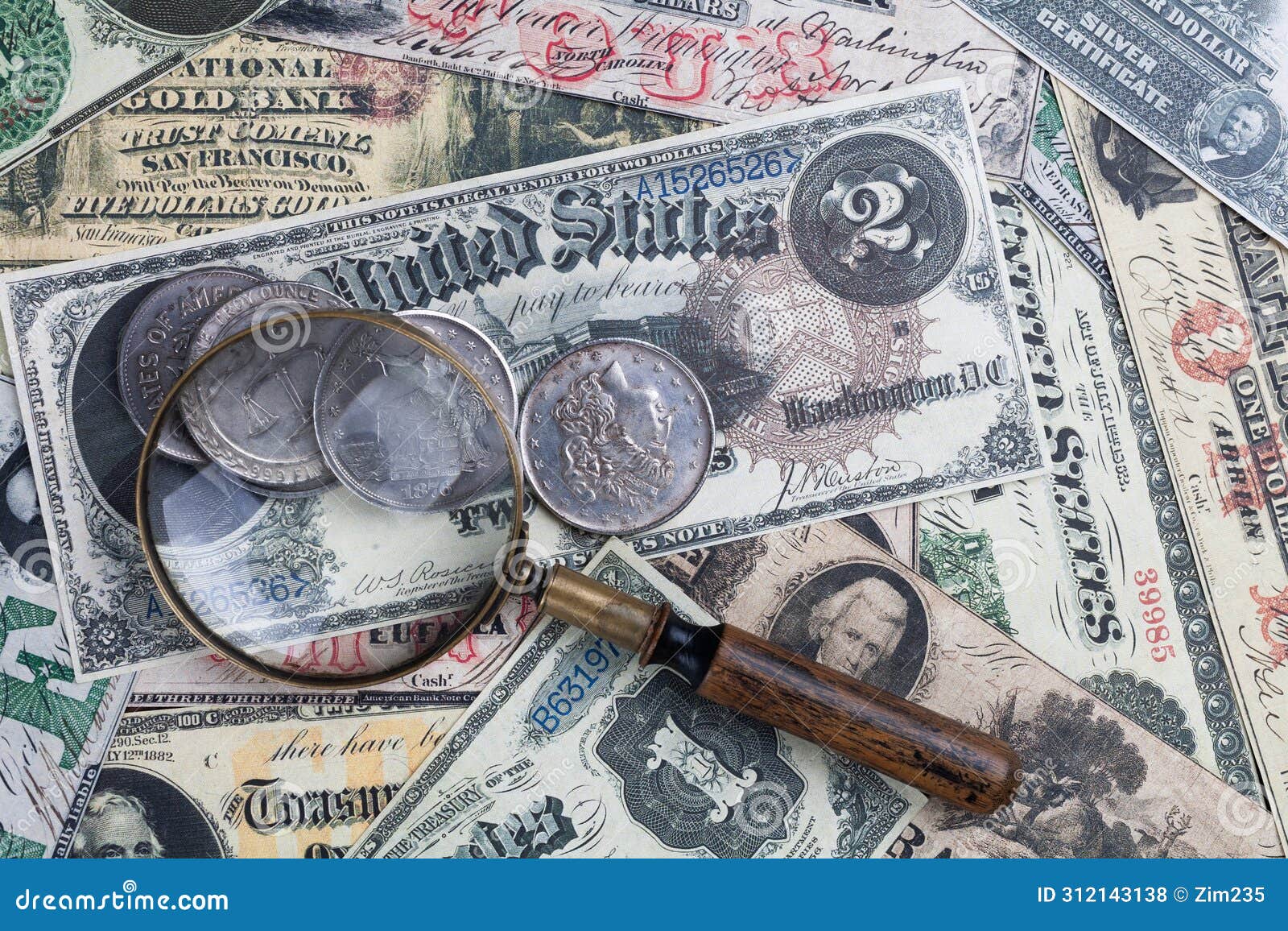 Old US Banknotes and Silver Certificates with Silver Dollar Coins and ...