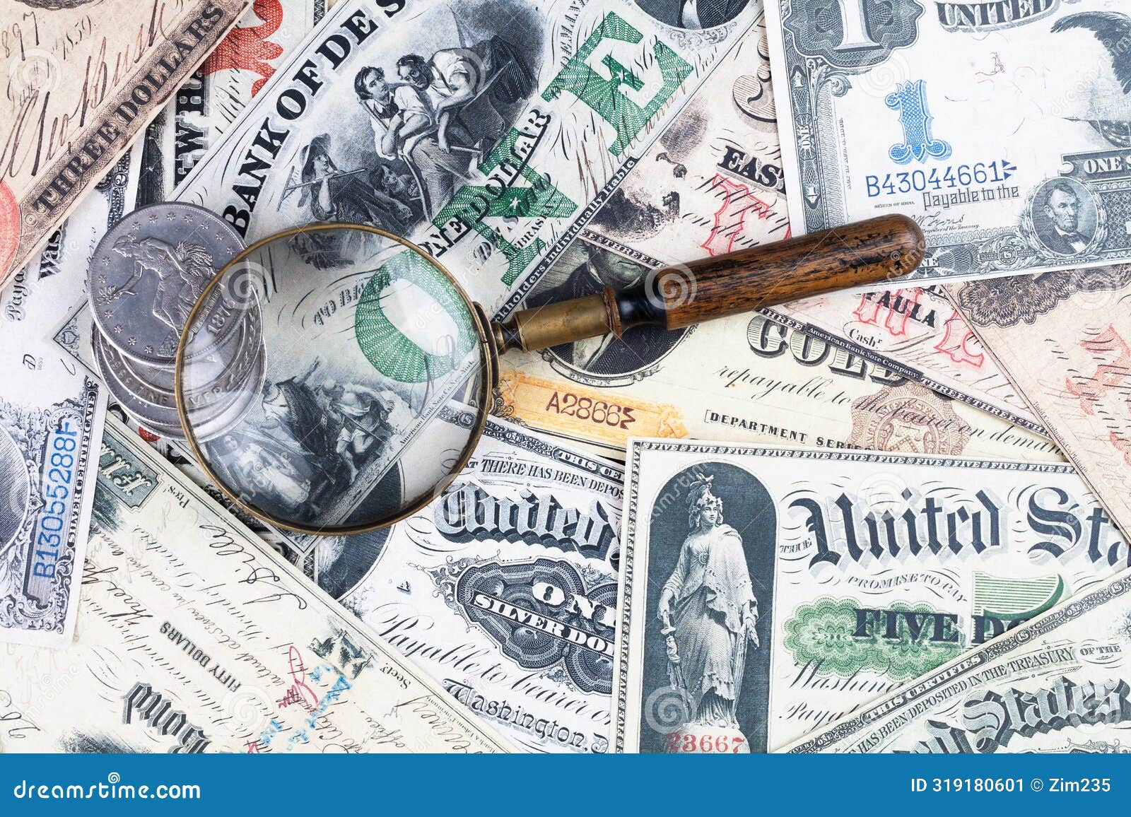 Old US Banknotes and Silver Certificates with Silver Dollar Coins and ...