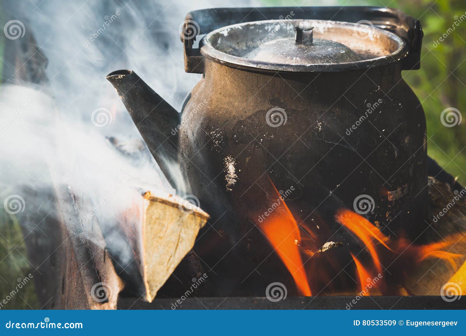 Old Used Black Boiling Teapot on Bonfire Stock Image - Image of camp ...
