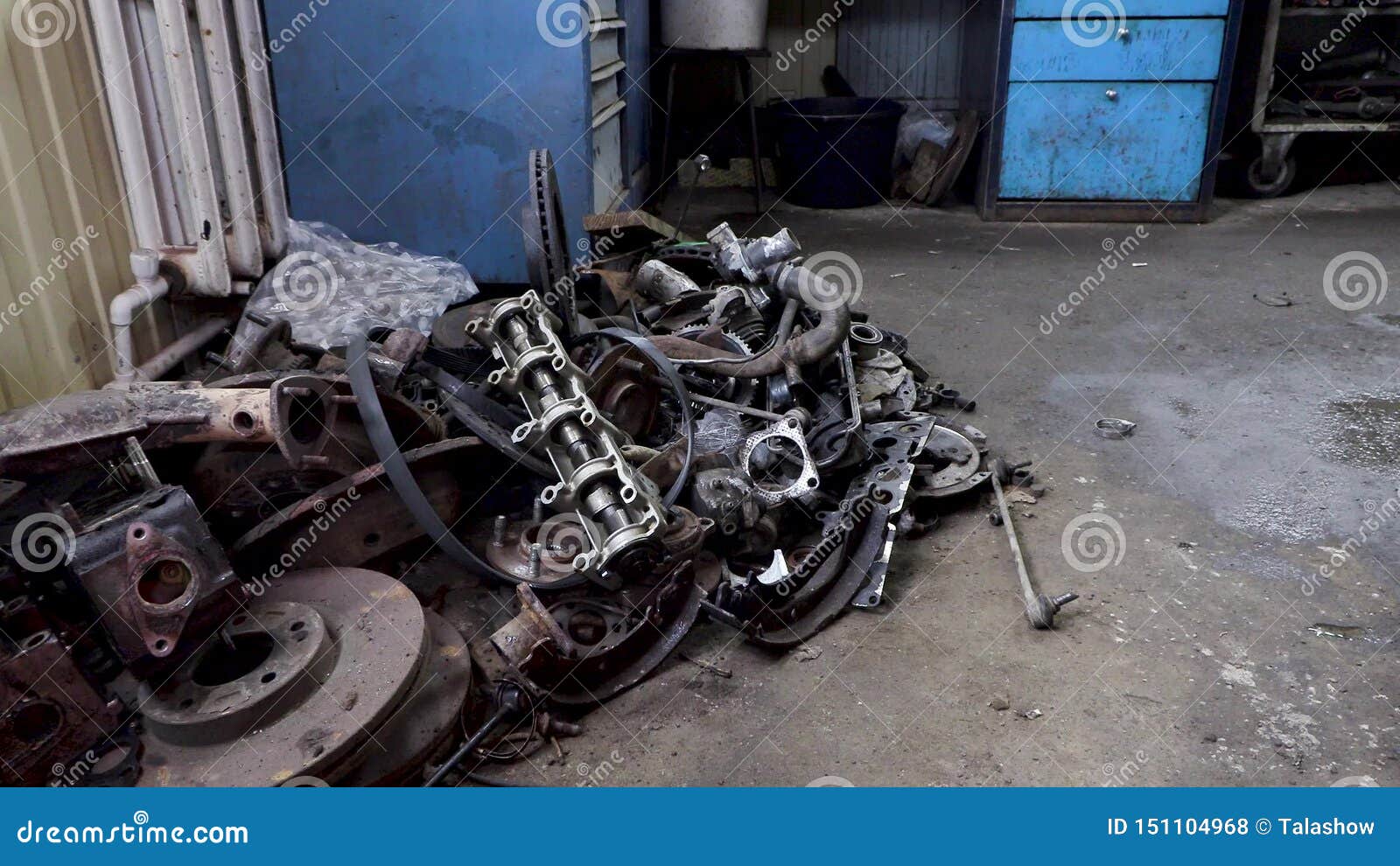 Old and Used Car Engine Spare Parts in the Garage Stock Footage - Video ...