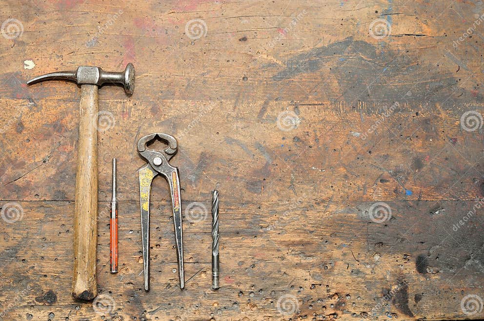 Old Used Dirty Workbench with Tools. Stock Photo - Image of plank ...