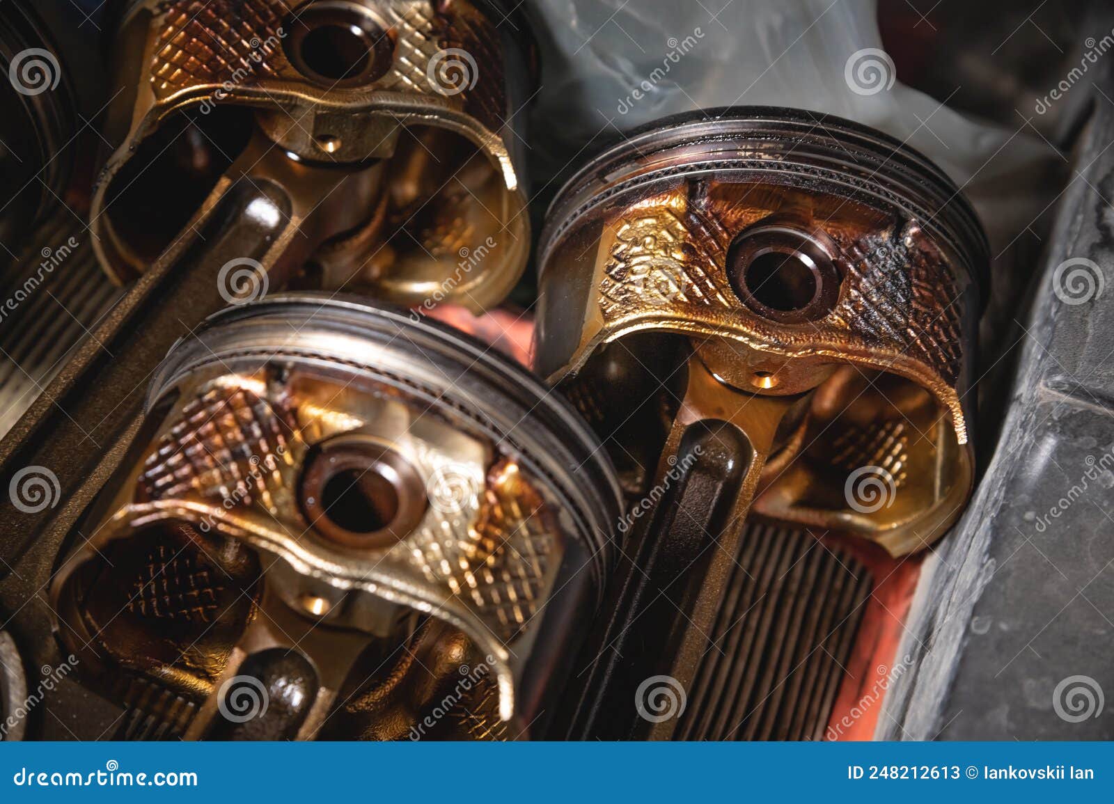 Old Used Engine Pistons Close Up. Four Pistons from an Old Disassembled ...