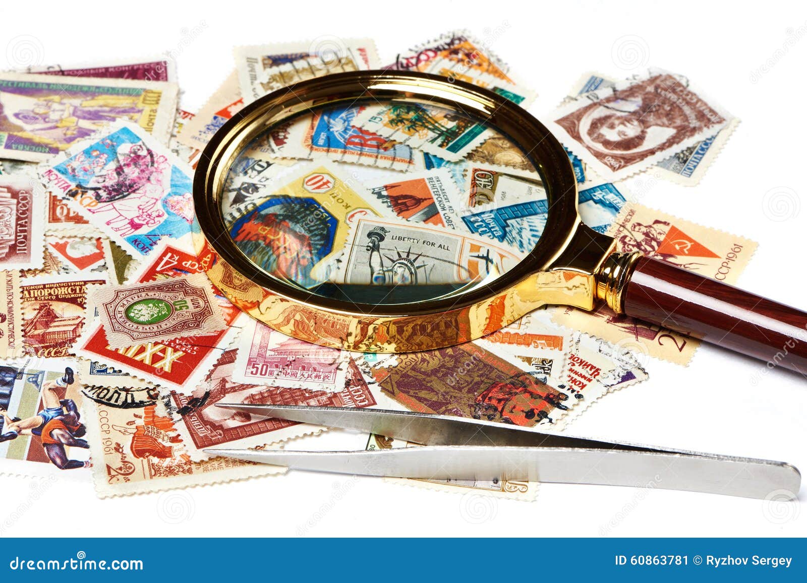 Old Used Postage Stamps and Magnifier Editorial Photo - Image of ...