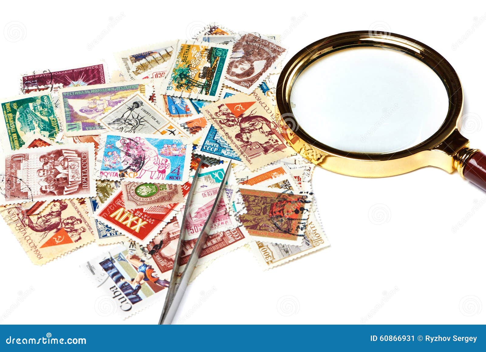 Old Used Postage Stamps and Magnifier Editorial Photo - Image of ...