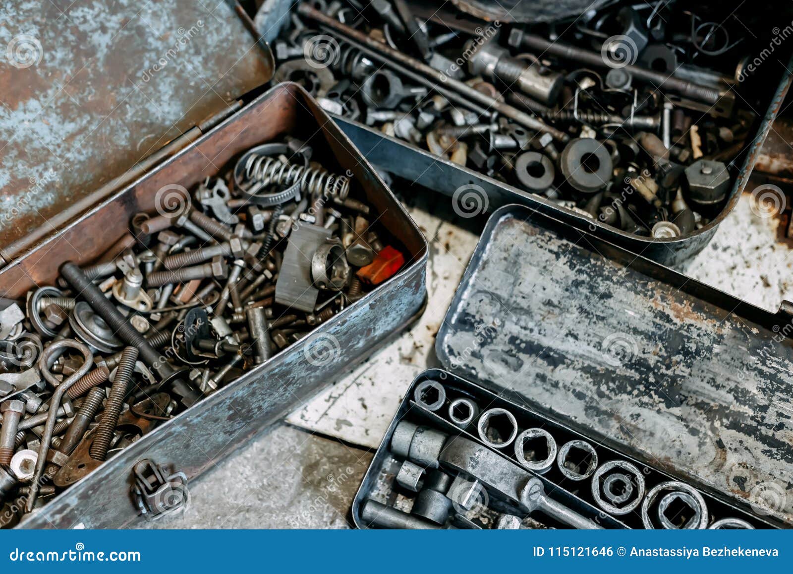 Old used tools in boxes stock photo. Image of repair - 115121646