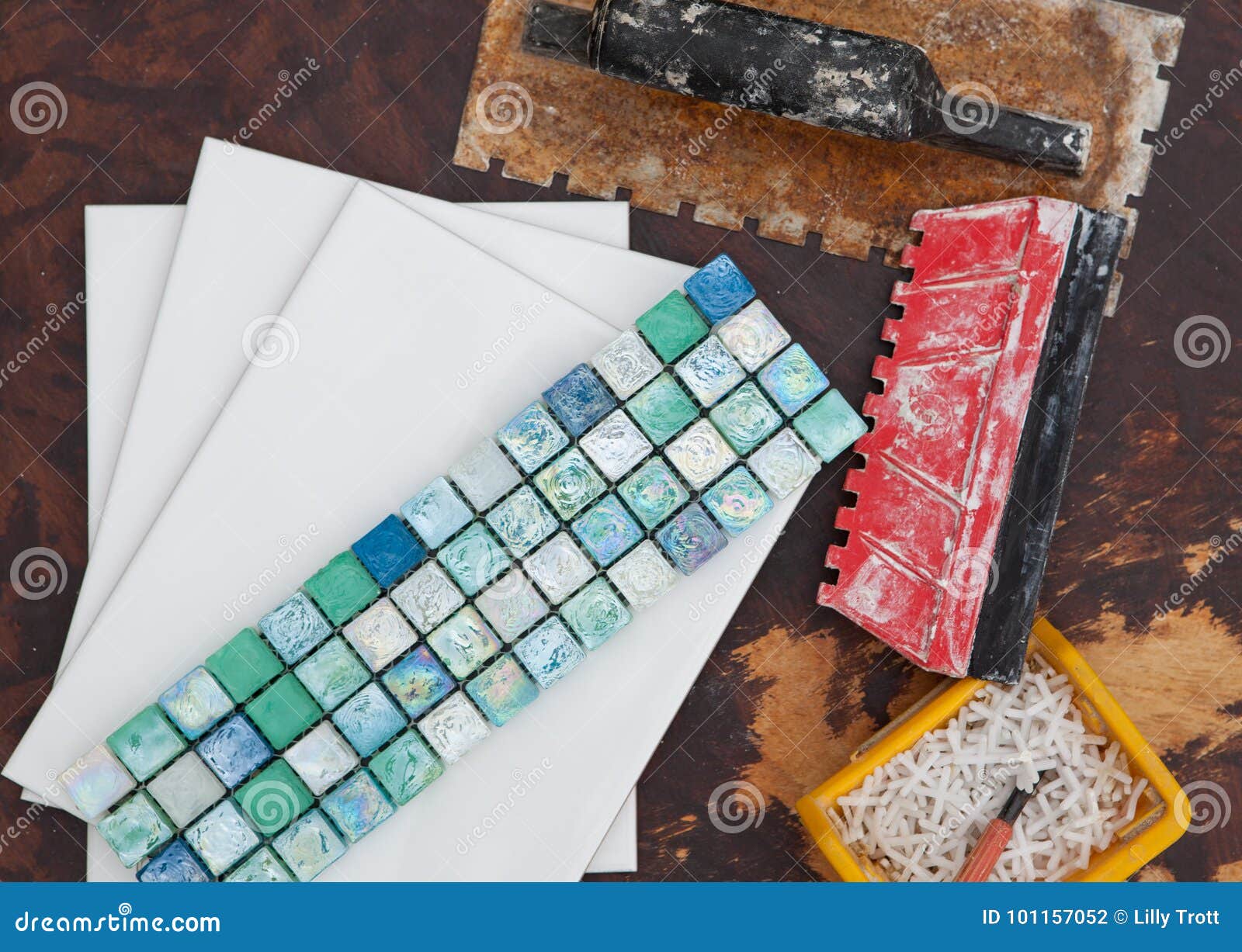 Old used tools for tiling stock photo. Image of panel - 101157052