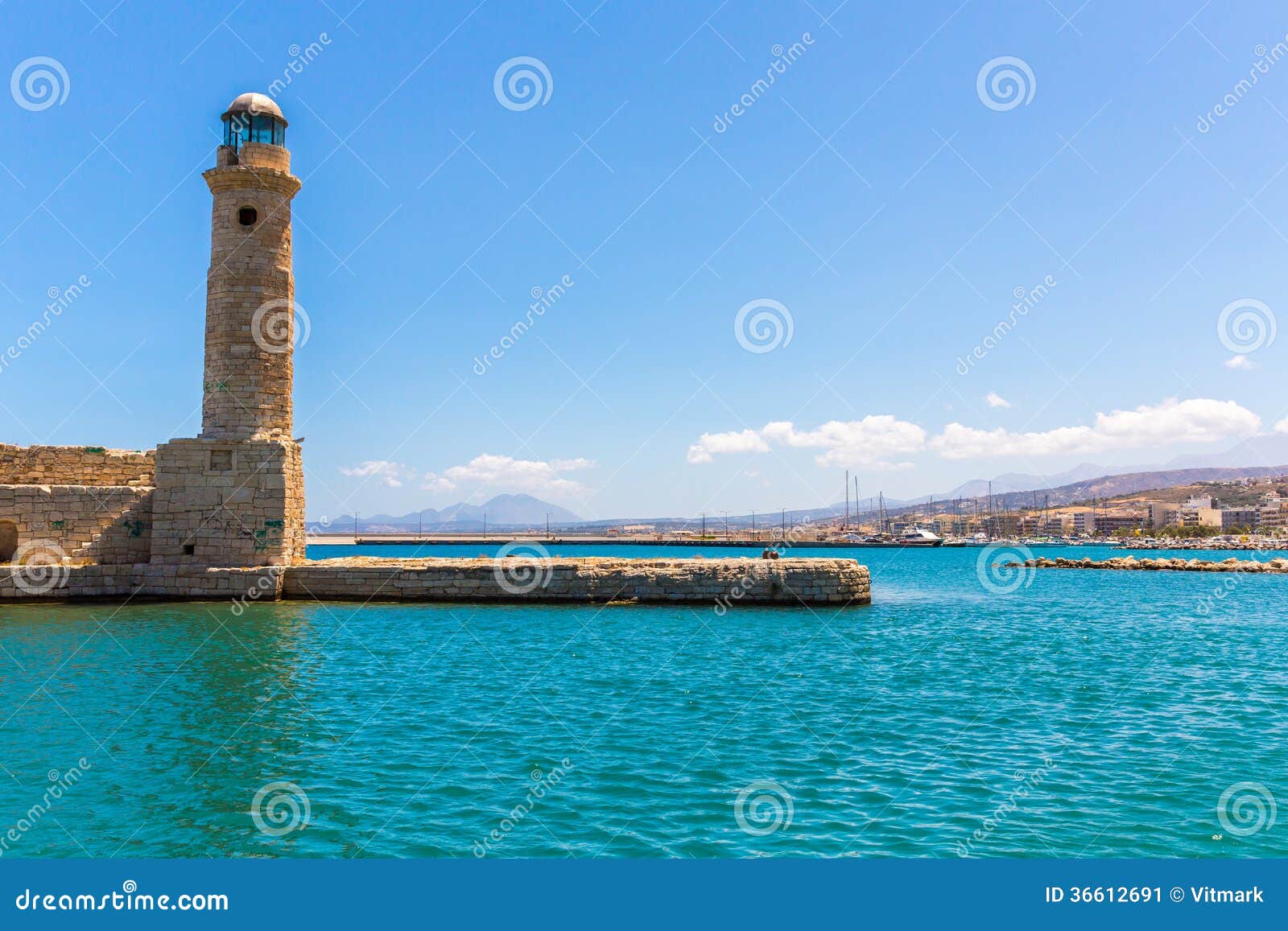 Old Venetian Lighthouse at Harbor. Rethymno, Crete Stock Image - Image ...