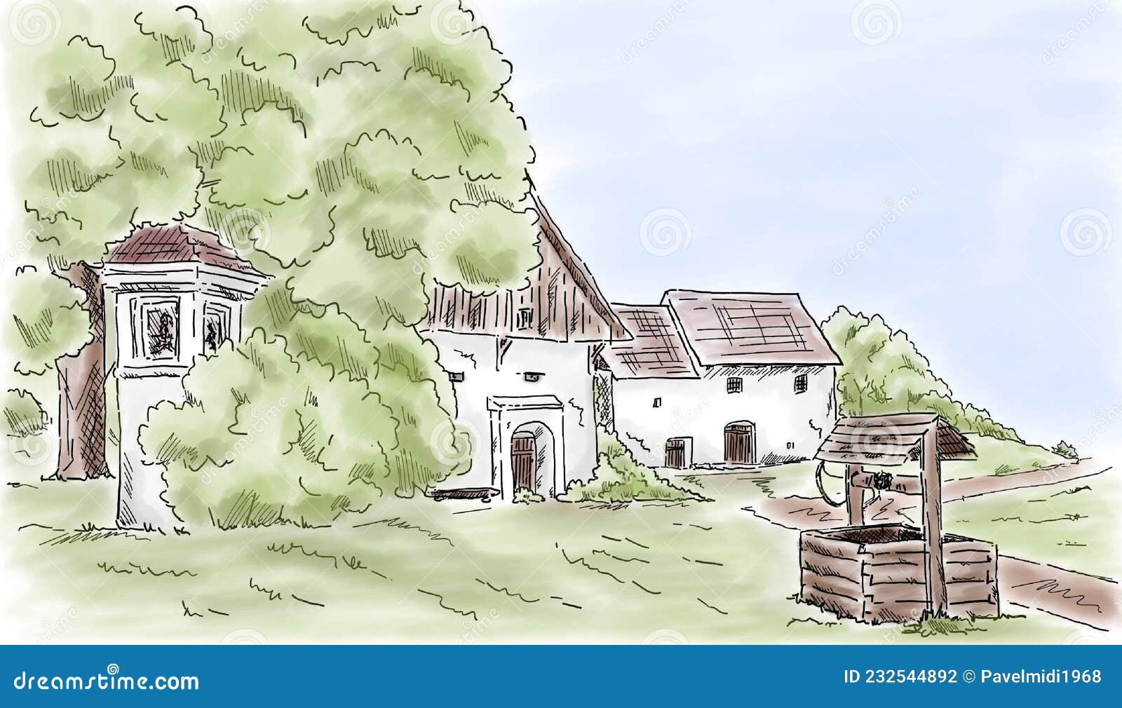 Old Village. Rural Landscape Stock Illustration - Illustration of ...