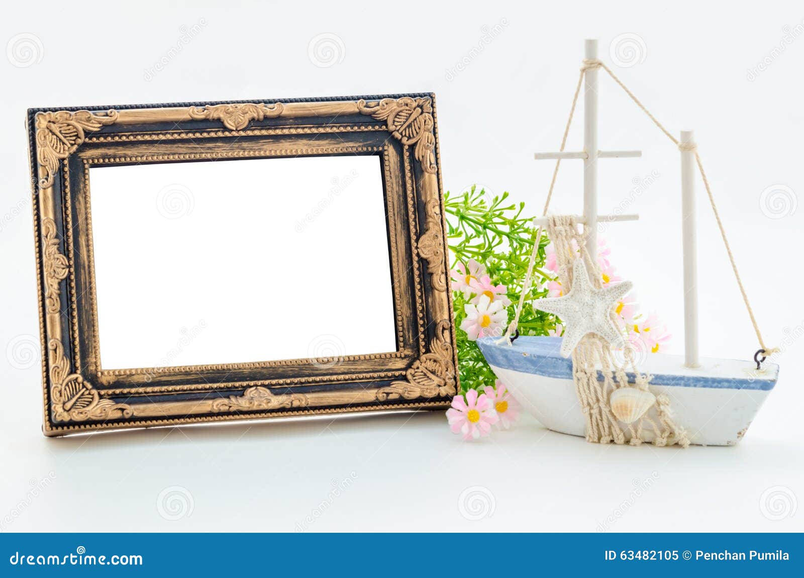Old Vintage Blank Photo Frame and Decorations. Stock Image - Image of ...