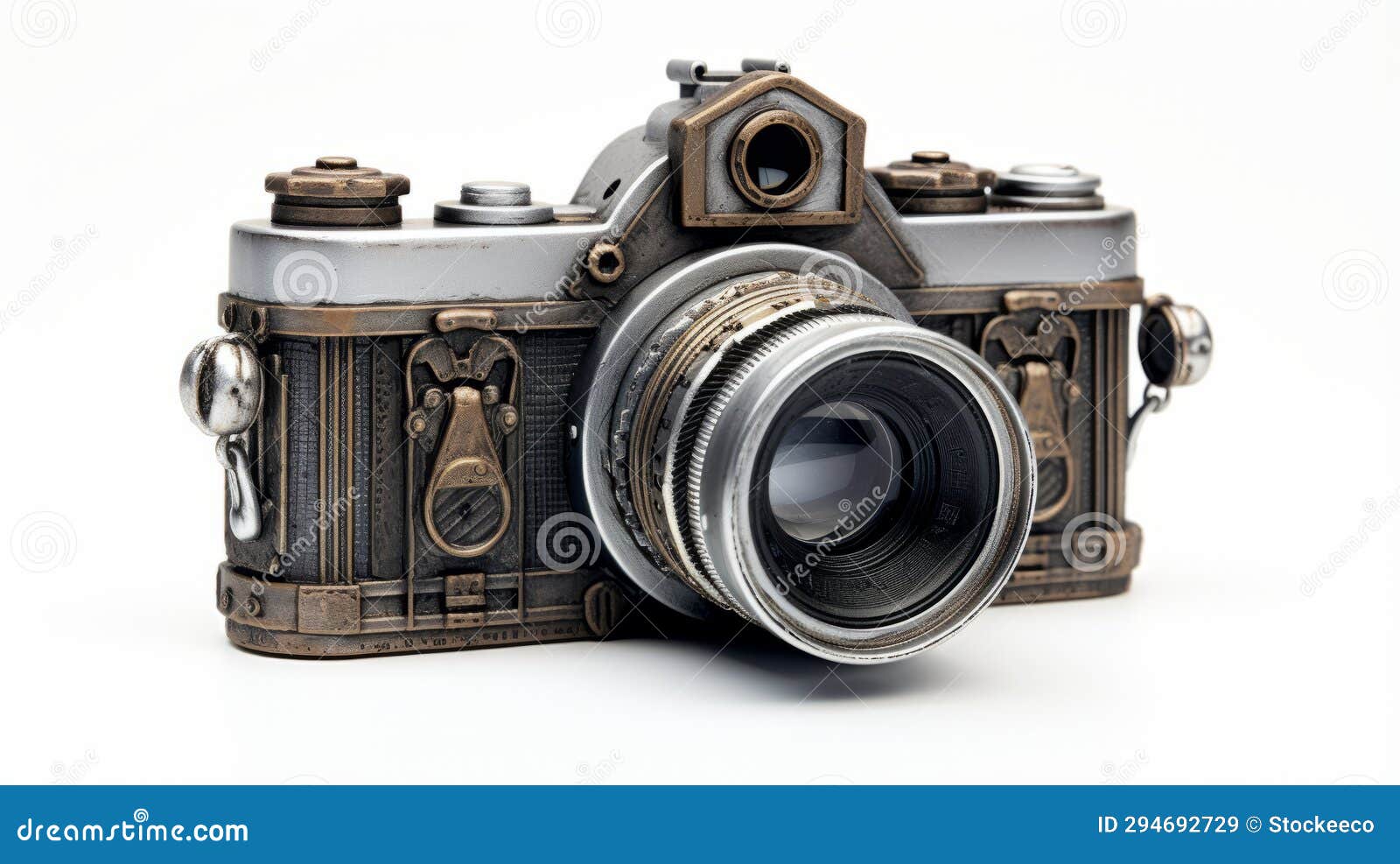 Meticulously Detailed Metal Camera Sculpture on White Background Stock ...