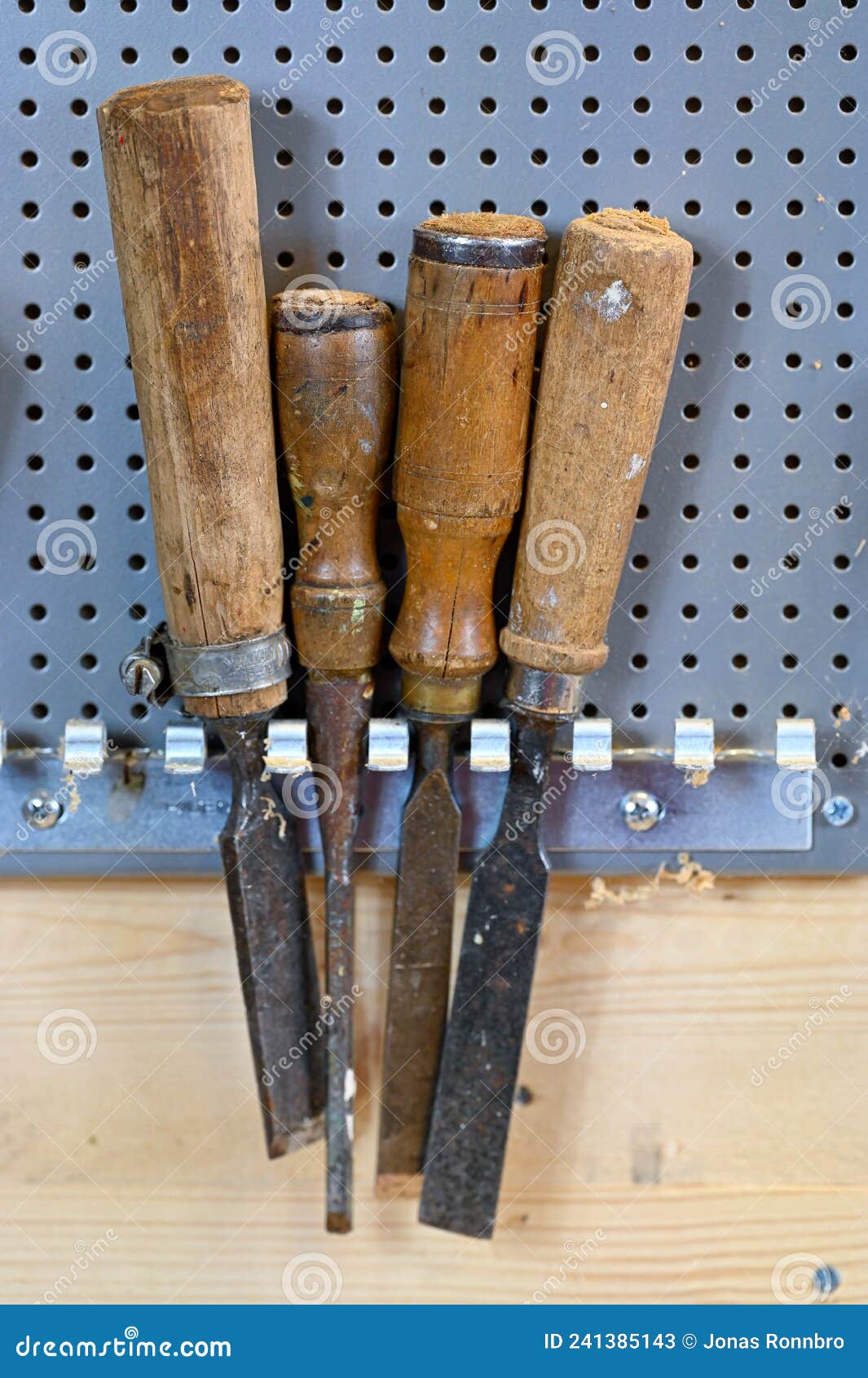Old Vintage Chisels with Wooden Handles on Tool Board Stock Image ...