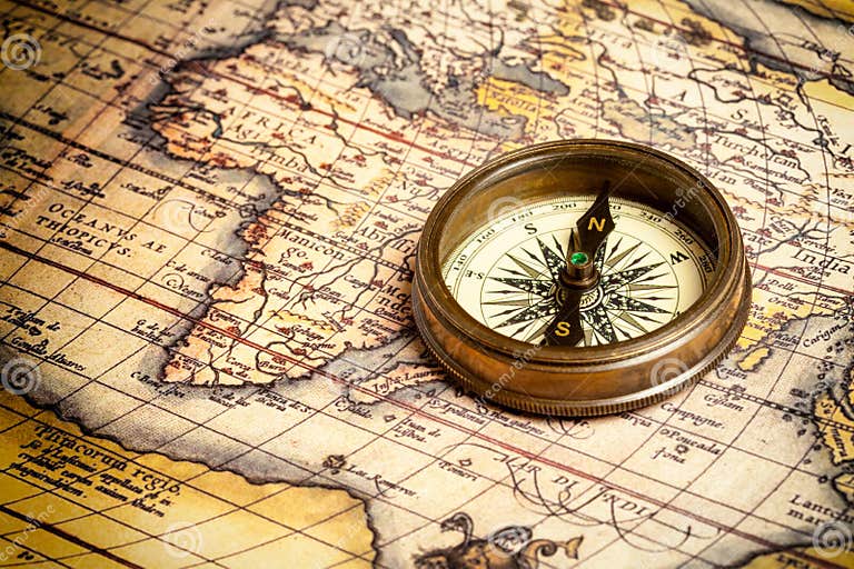 Old Vintage Compass on Ancient Map Stock Image - Image of travel ...