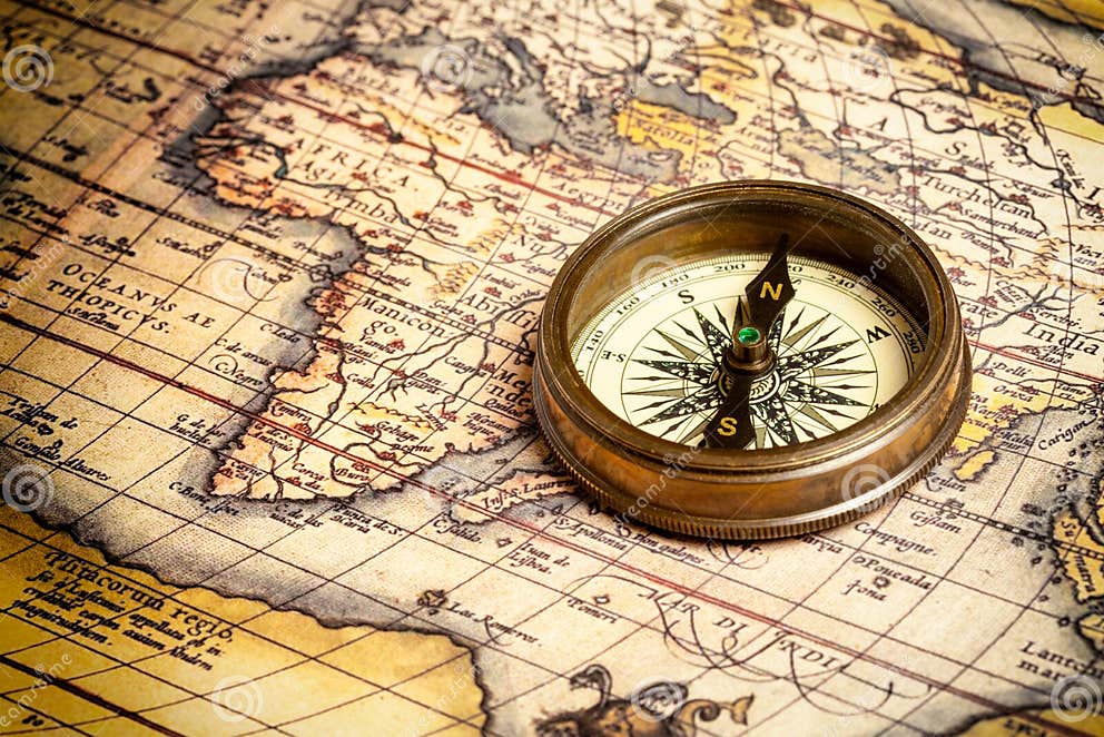 Old Vintage Compass on Ancient Map Stock Image - Image of travel ...