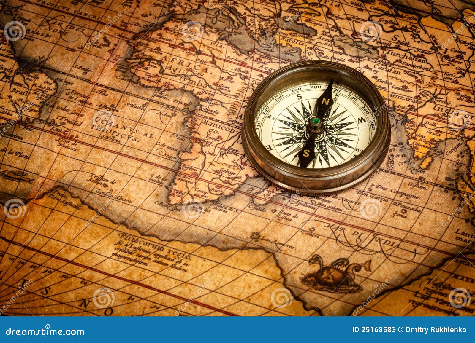 Old Vintage Compass on Ancient Map Stock Image - Image of brass, world ...