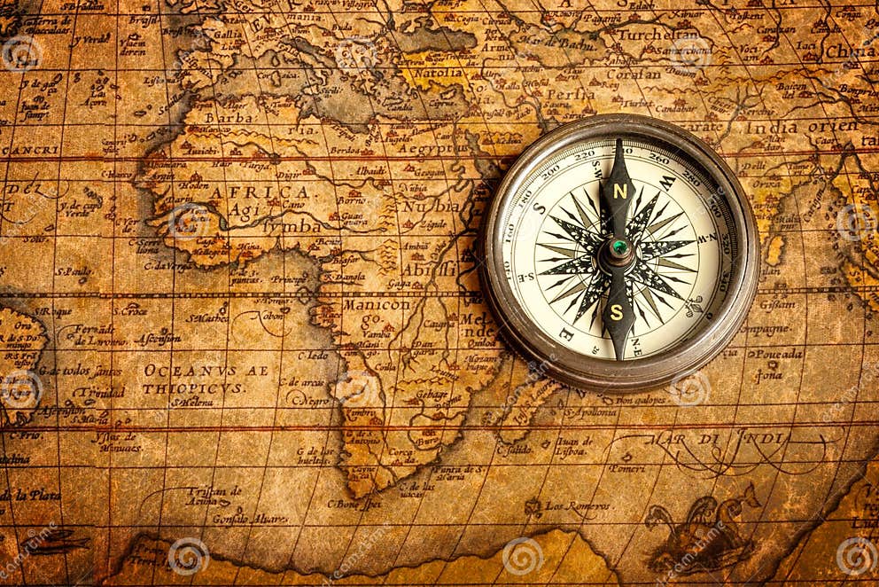 Old Vintage Compass on Ancient Map Stock Image - Image of world, grunge ...
