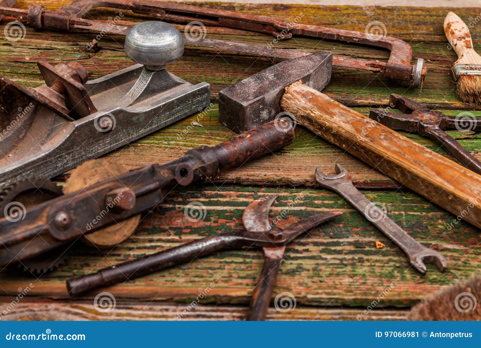 Old Vintage Hand Tools on Wooden Background Stock Image - Image of ...