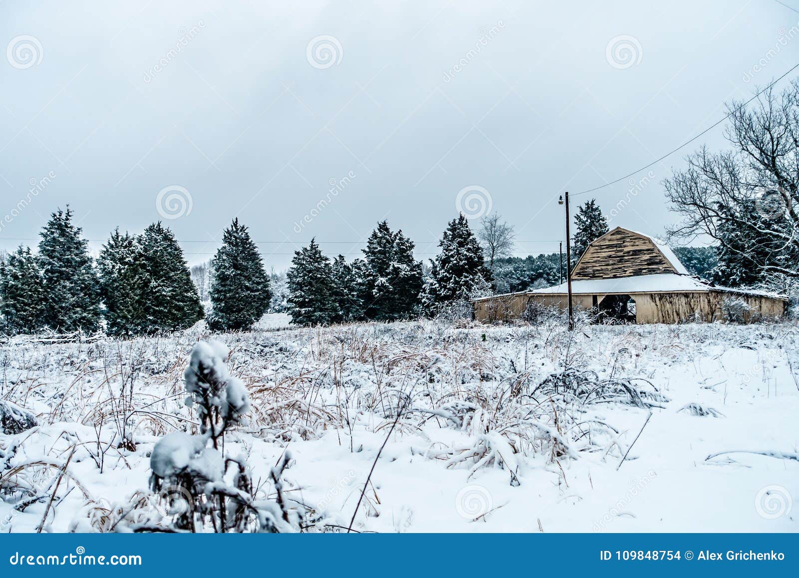 Old Vintage Historic Barn on Farm Covered in Snow Stock Photo - Image ...