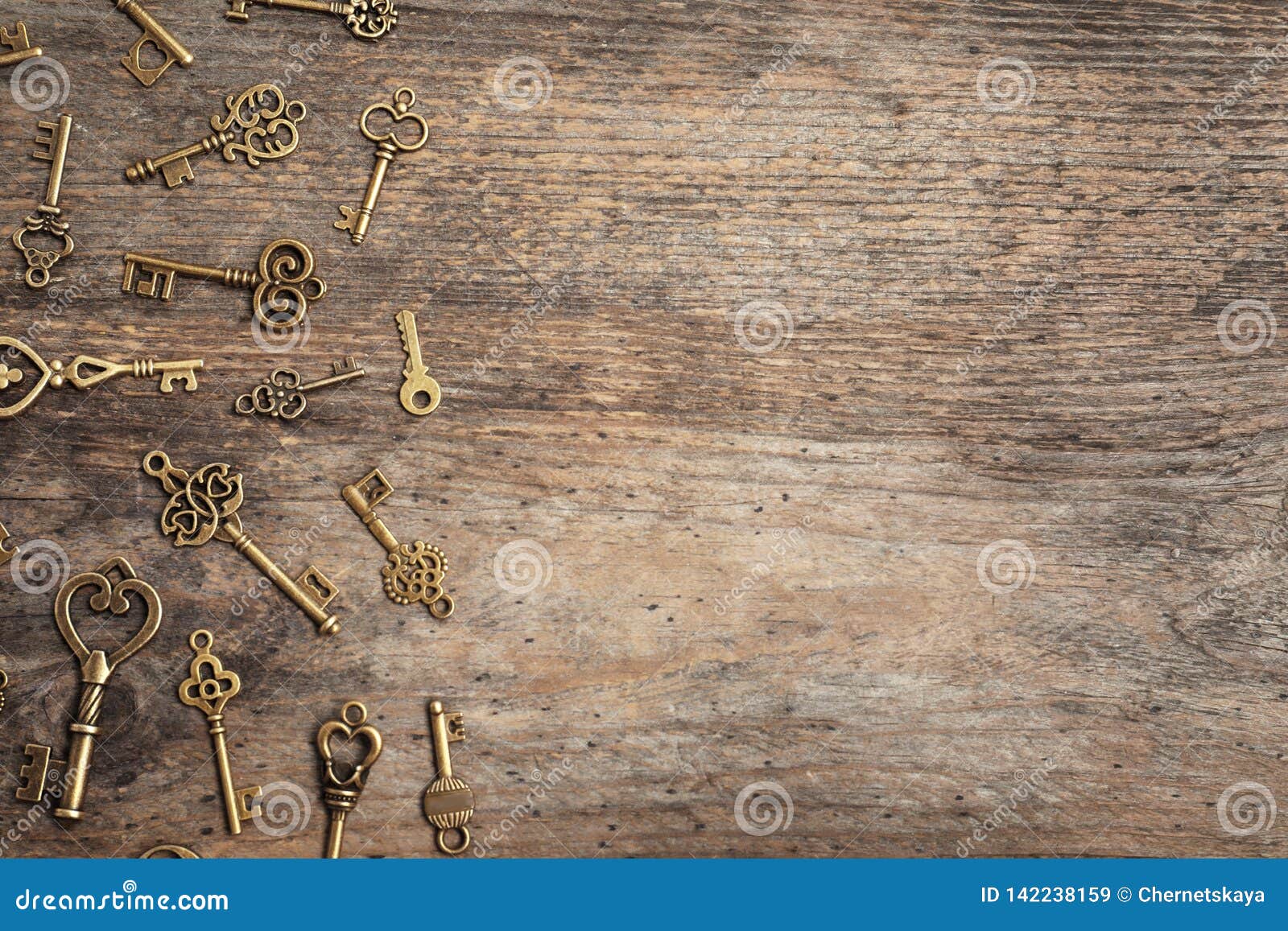 Old Vintage Keys on Wooden Background, Flat Lay Stock Image - Image of ...