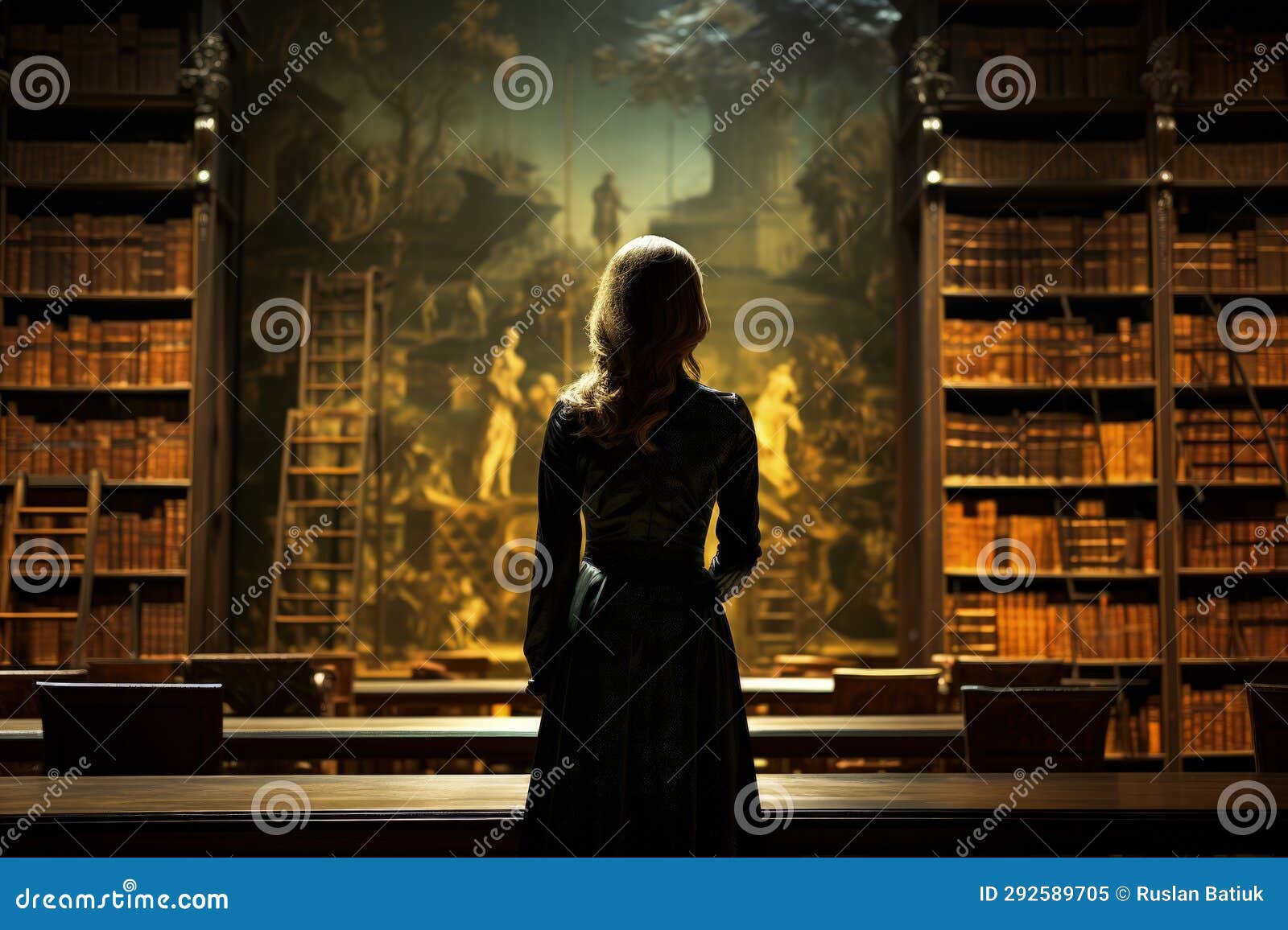Old Vintage Library, Girl Standing in Front of Book Archive, Place To ...