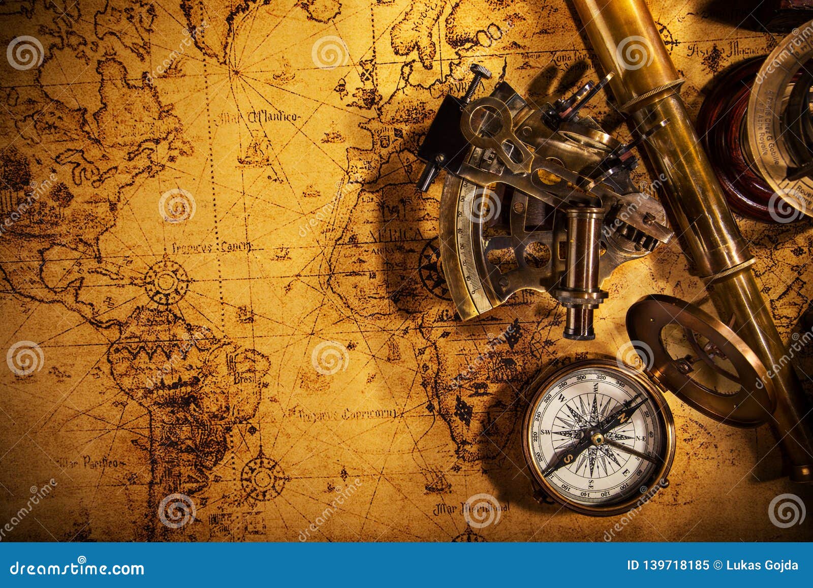 Old Vintage Navigation Equipment on Old World Map. Stock Image - Image ...