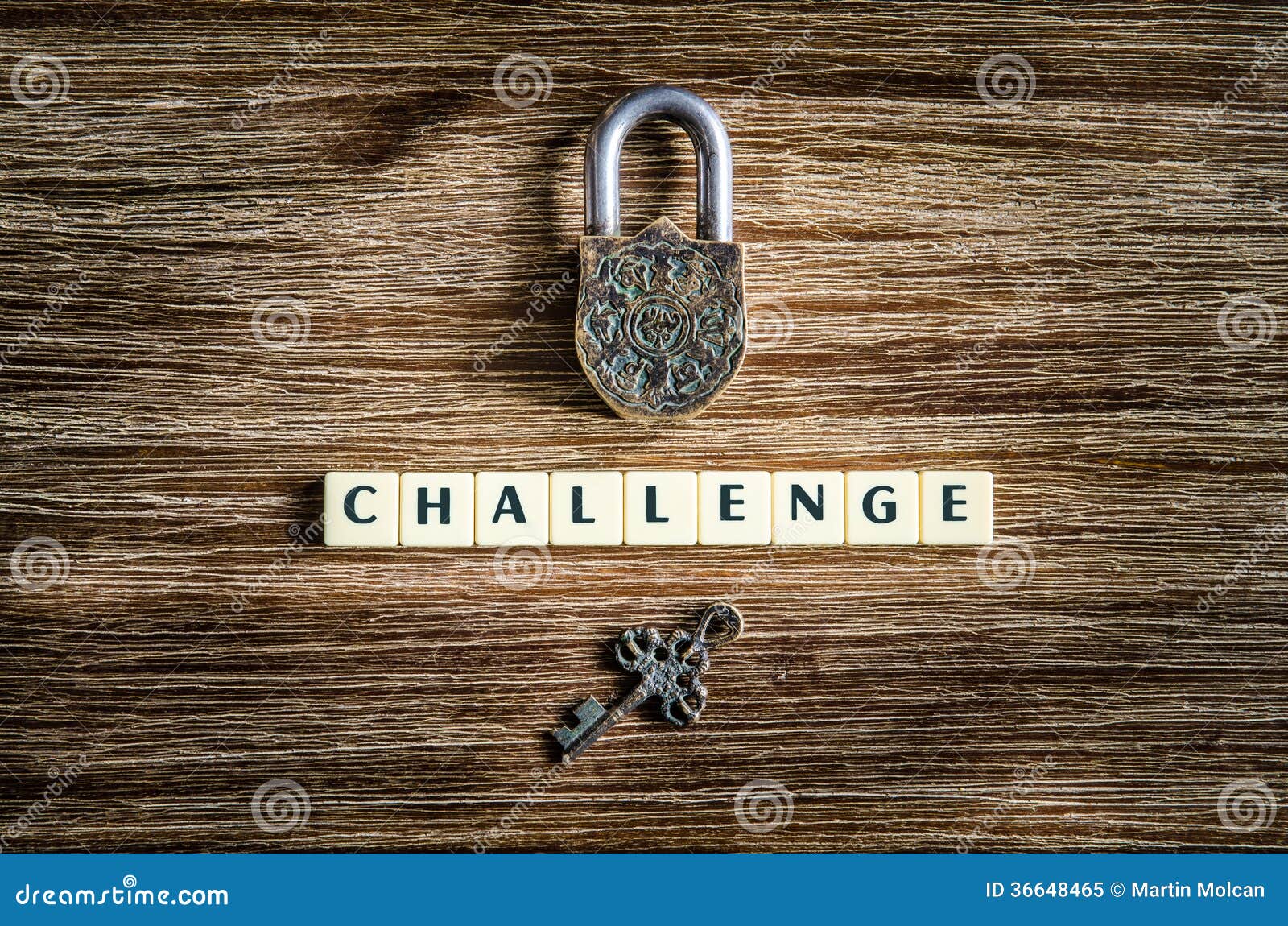 Old Vintage Padlock and Key with Challenge Sign Stock Image - Image of ...
