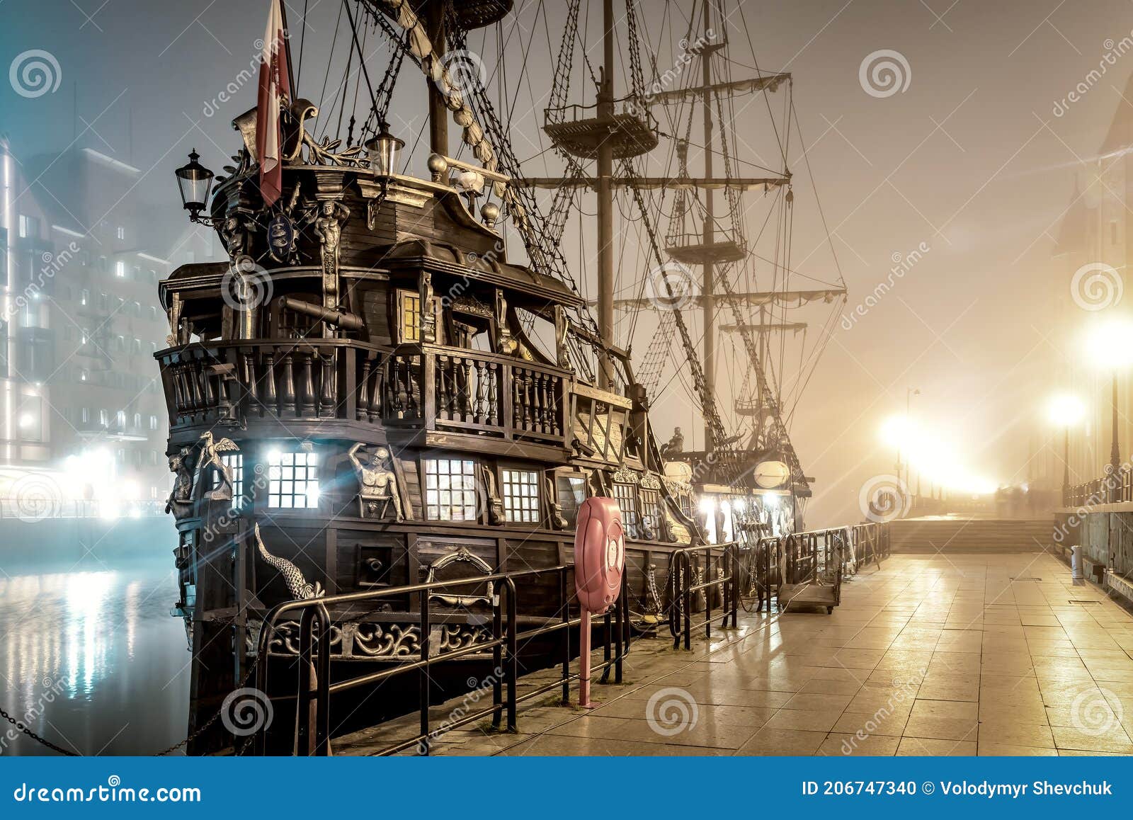 Vintage Pirate Ship in the Mist Stock Photo - Image of danger, aged ...