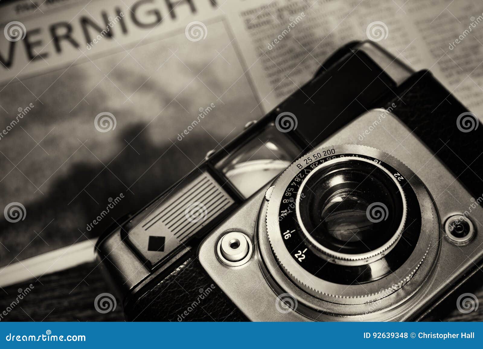 Old Vintage Retro Camera with Mocked Up Newspaper Stock Photo - Image ...
