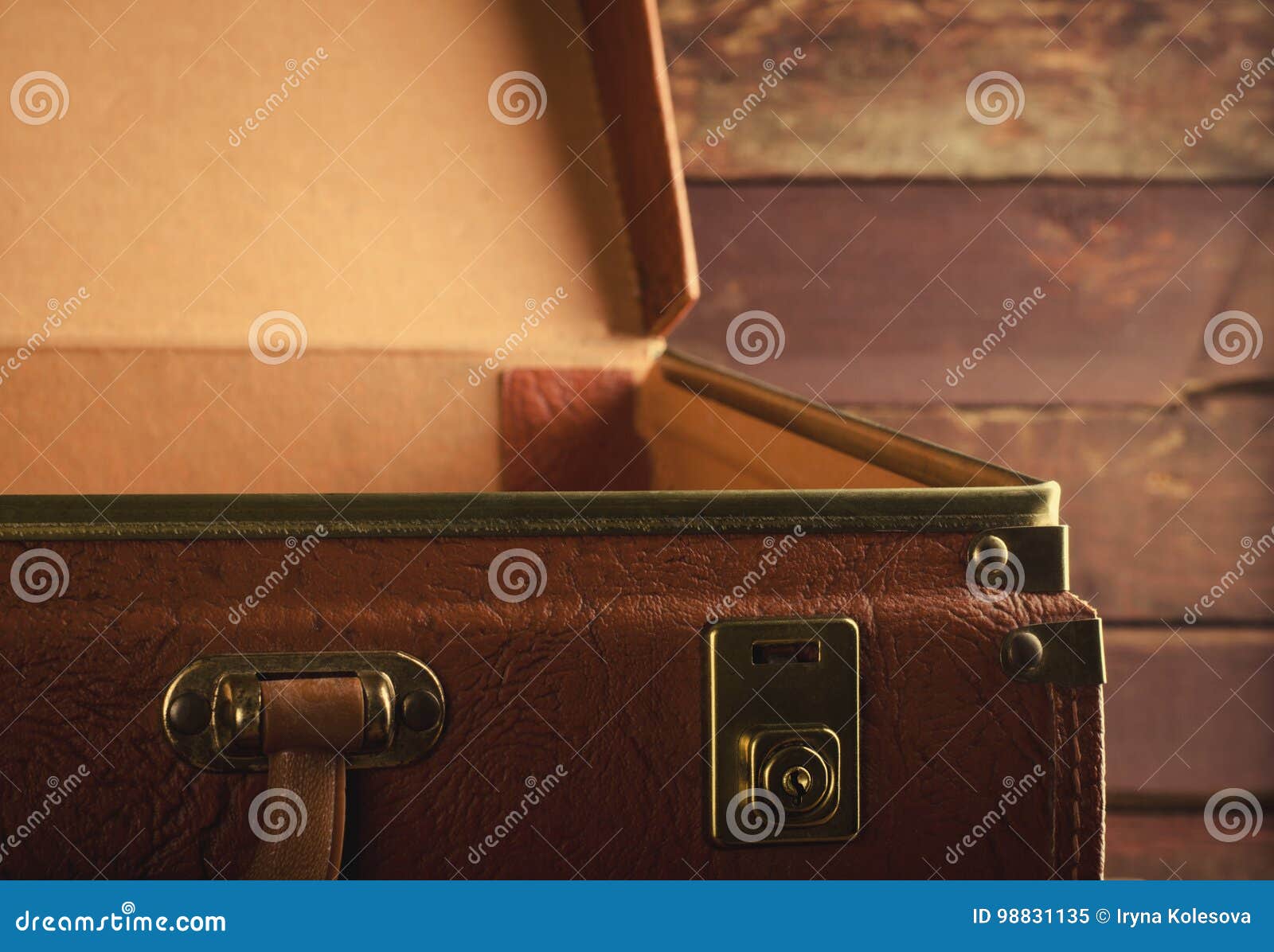 Old Vintage, Retro Open Suitcase on Dark Background. Front View, Toned ...