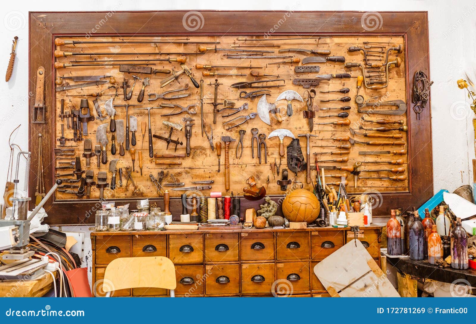 Old Vintage Tools on the Board in Leather Craft Workshop, Manual Work ...
