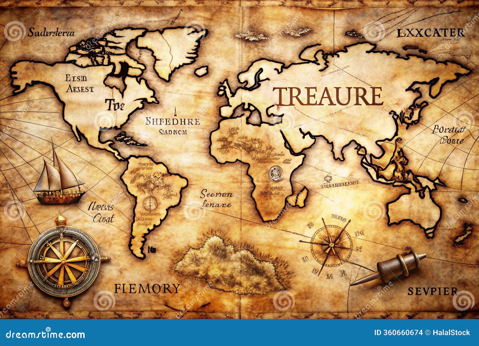 Old Vintage Treasure Map Nautical Theme Background Stock Illustration - Illustration of design ...