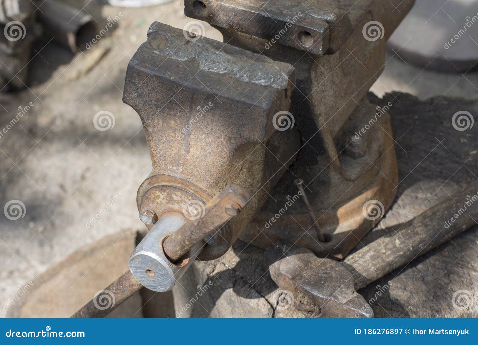 Old Vise and Hammer on the Desktop in the Workshop Stock Image - Image ...