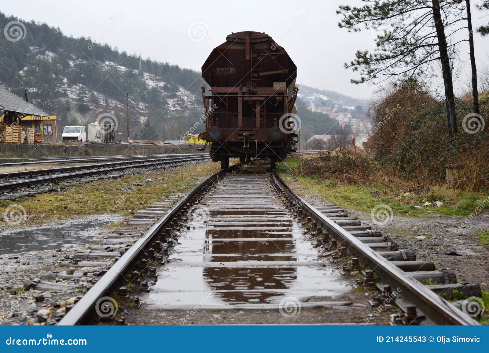 Old Wagon and Its Reflection in the Water in the Rain Stock Image ...