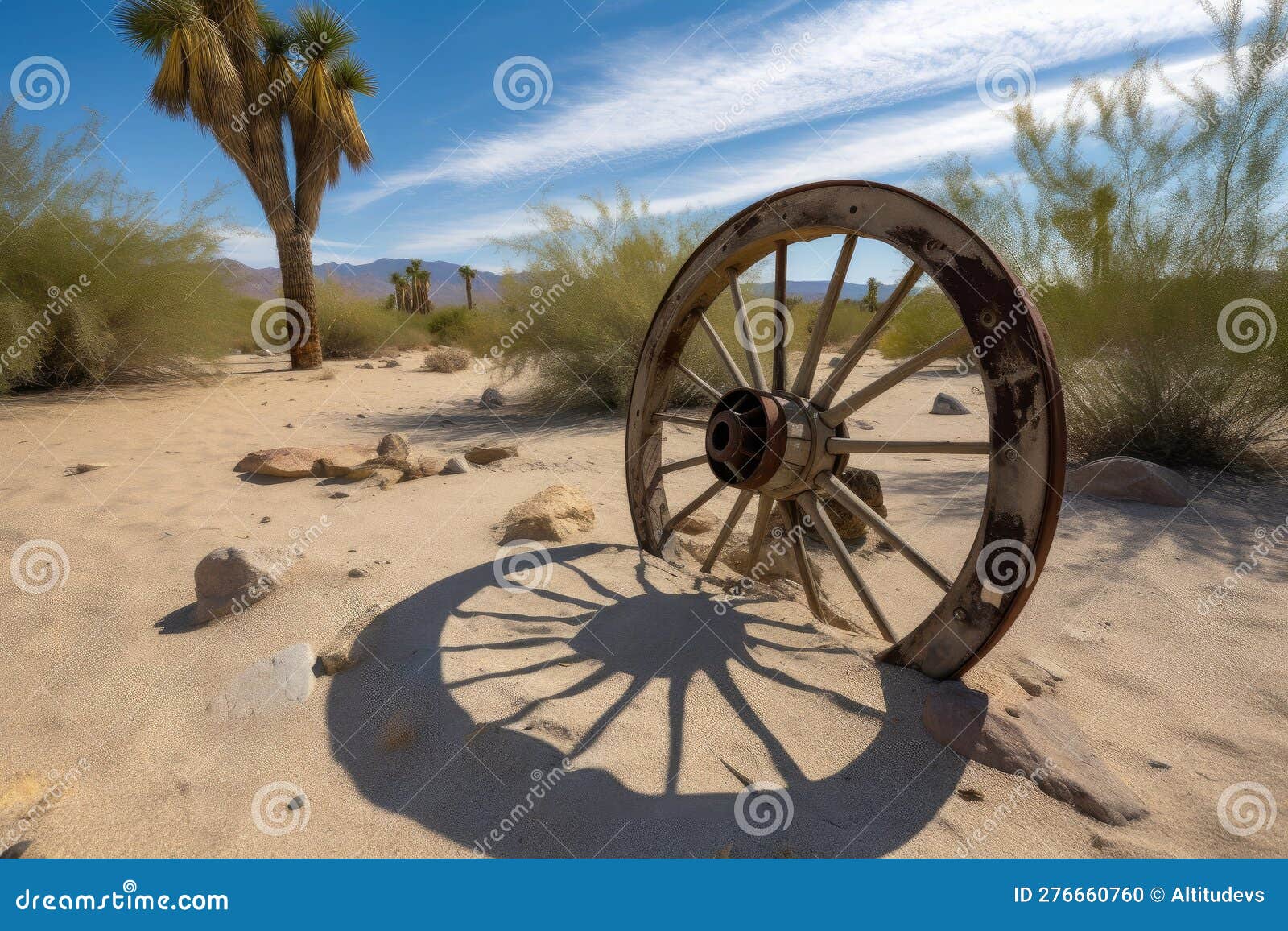 Old Wagon Wheel Lying on the Sand in Desert Oasis Stock Photo - Image ...