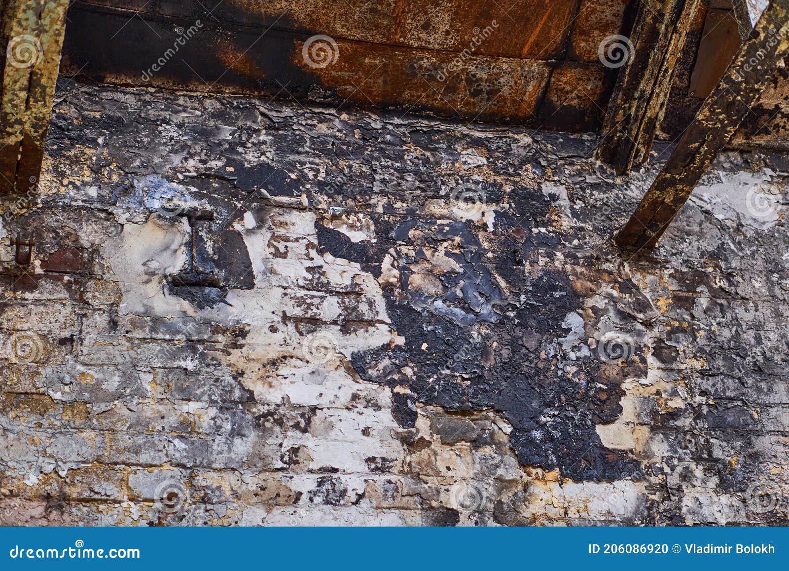 Old Walls and Ceiling. Rusty Beams in the Loft. Destroyed Concrete and ...