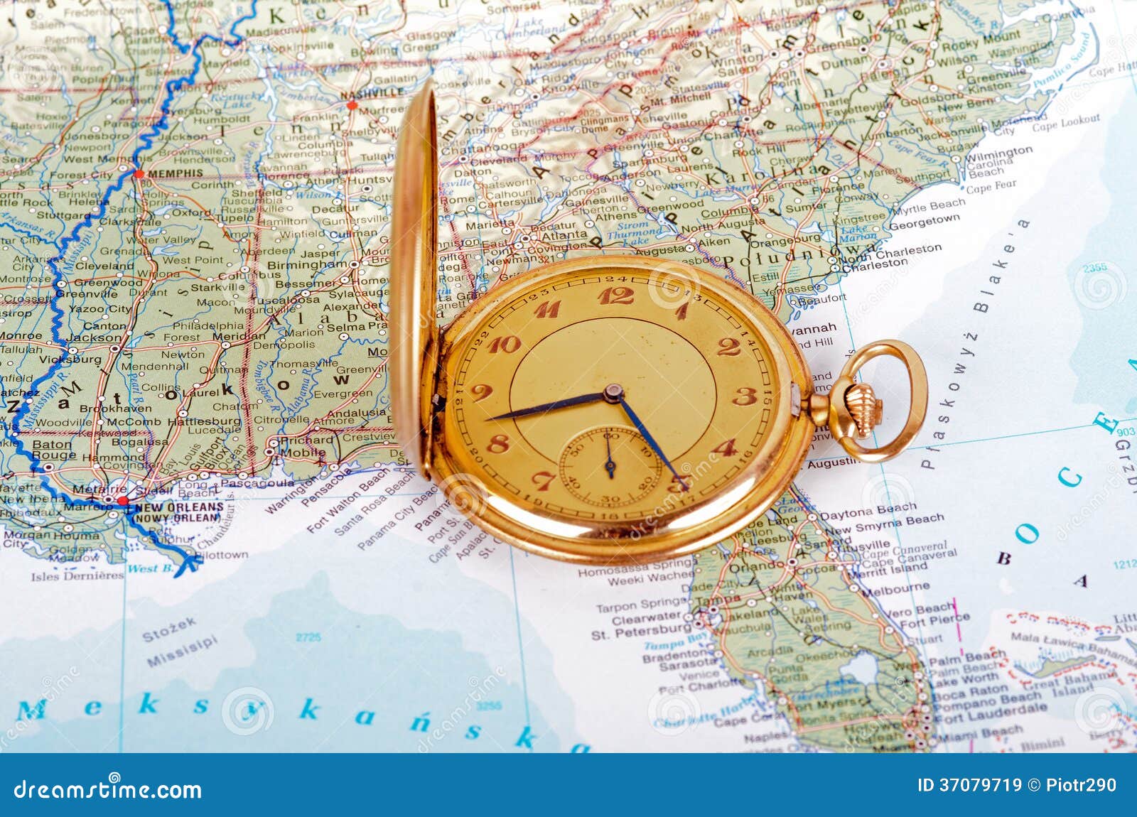 Old watch on map stock image. Image of memories, jewellery - 37079719