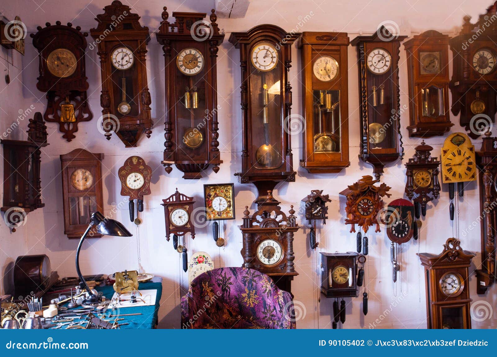 In the old watchmaker stock photo. Image of clocks, table - 90105402