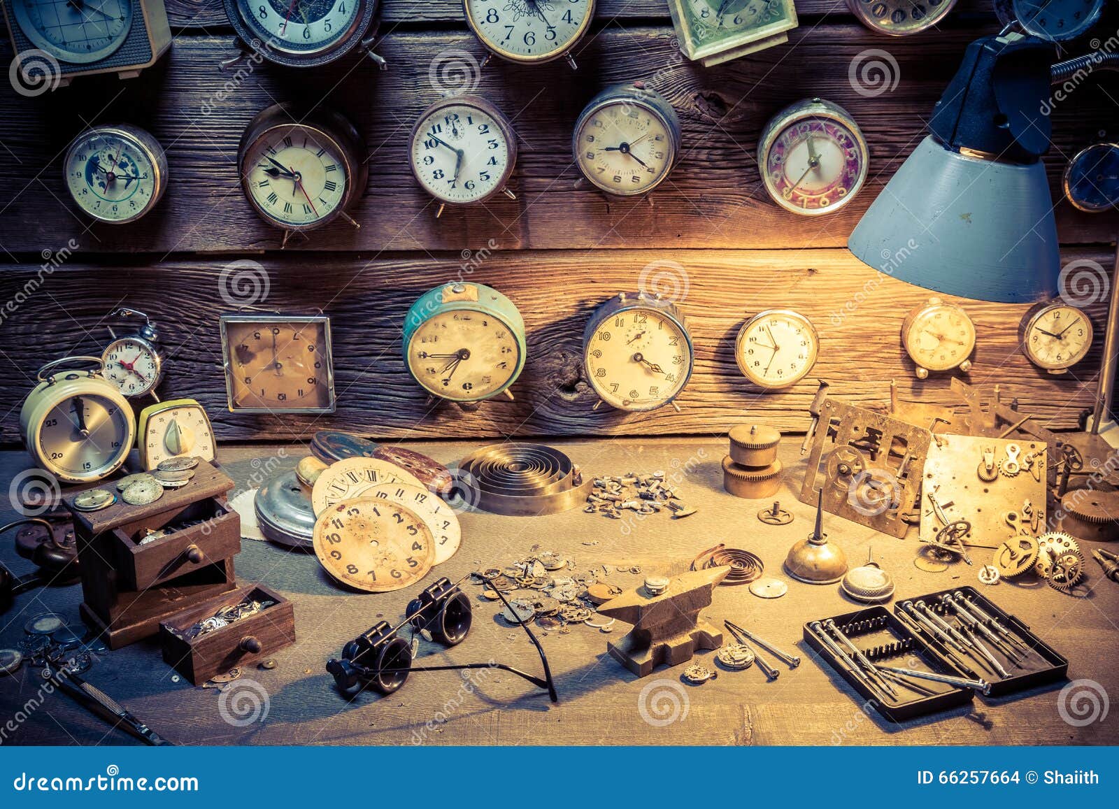 Old Watchmaker S Workshop with Many Clocks Stock Photo - Image of parts ...