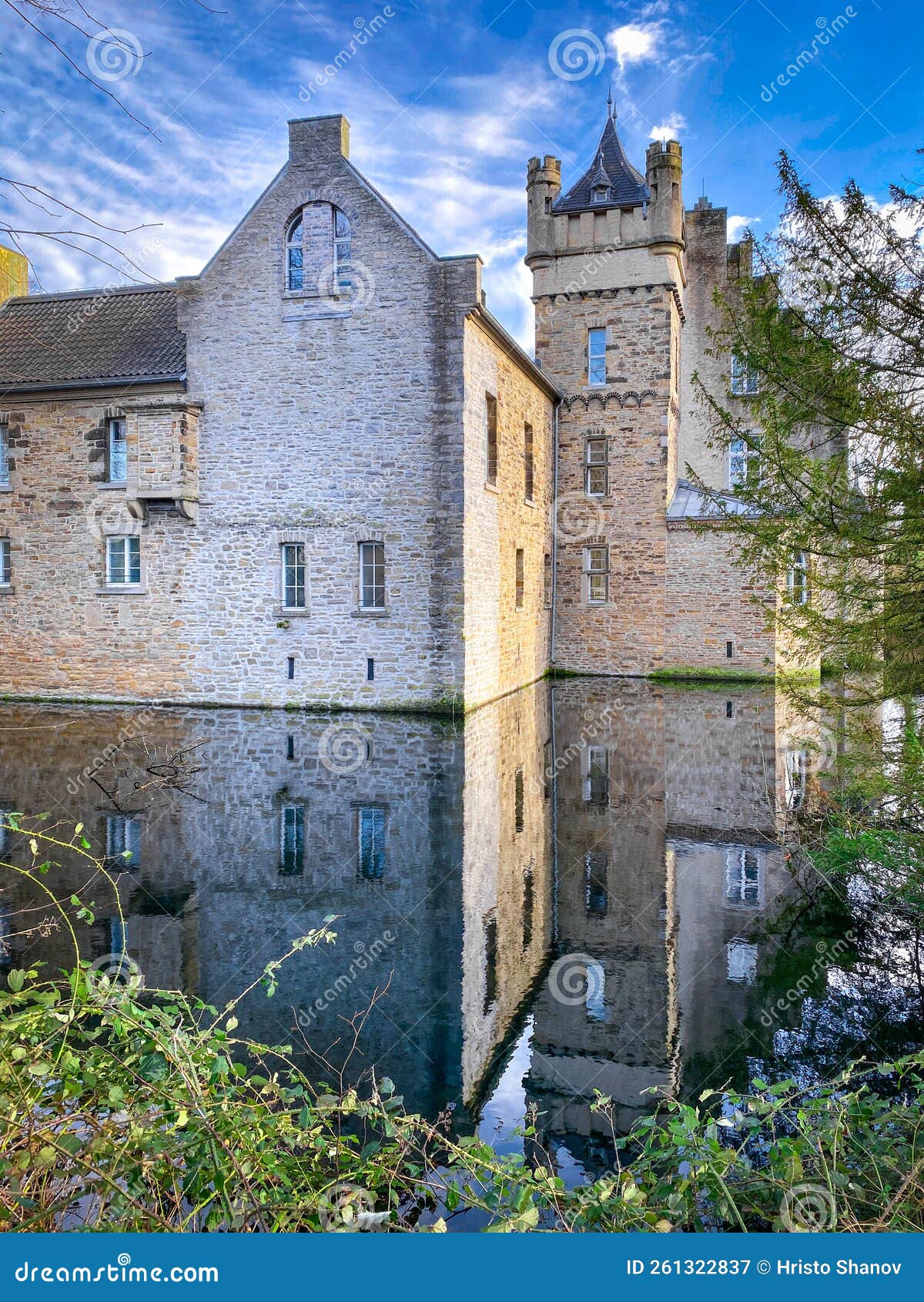 Old Water Castle with Trees and Reflections in Water Stock Image ...