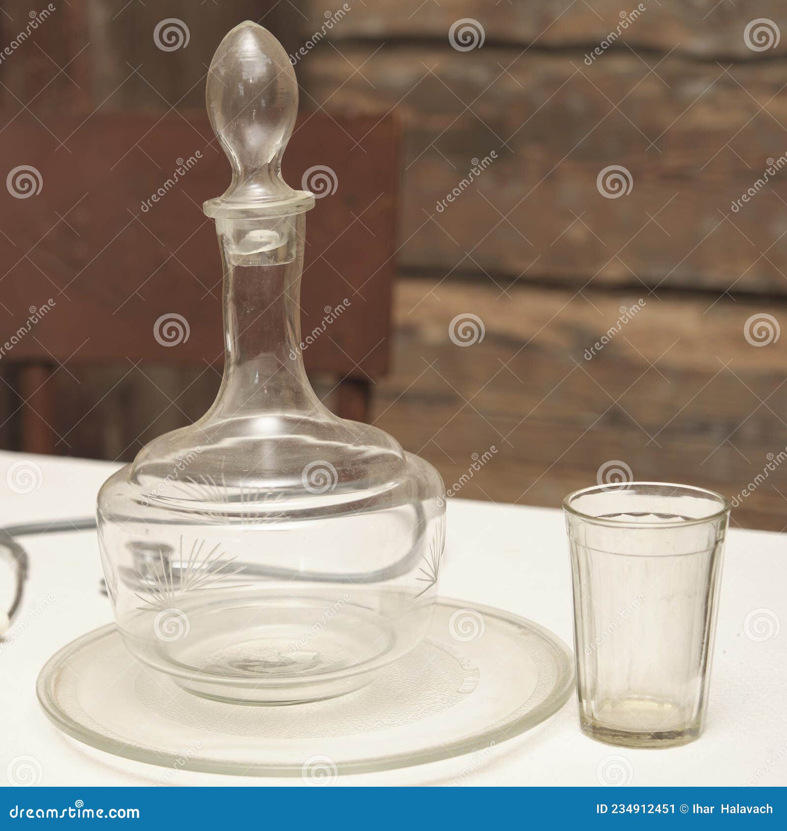 Old Water Decanter on Wood Wall Background Stock Image - Image of empty ...