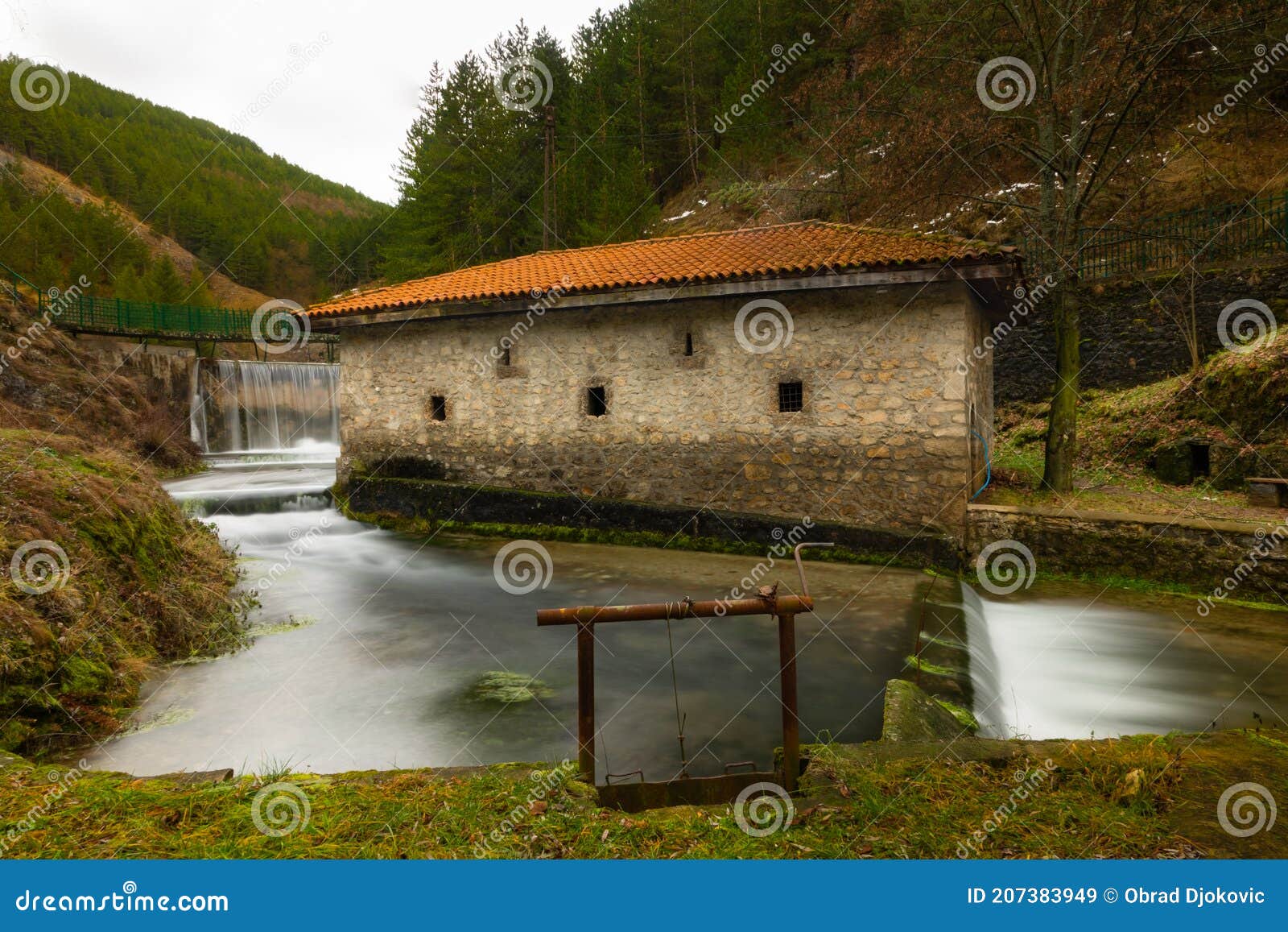 Old Watermill with Waterfall in Background. Stock Image - Image of ...
