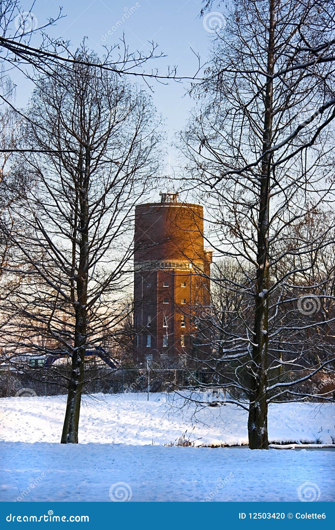 Old Watertower with Snow in Winter Stock Photo - Image of nature, cold ...