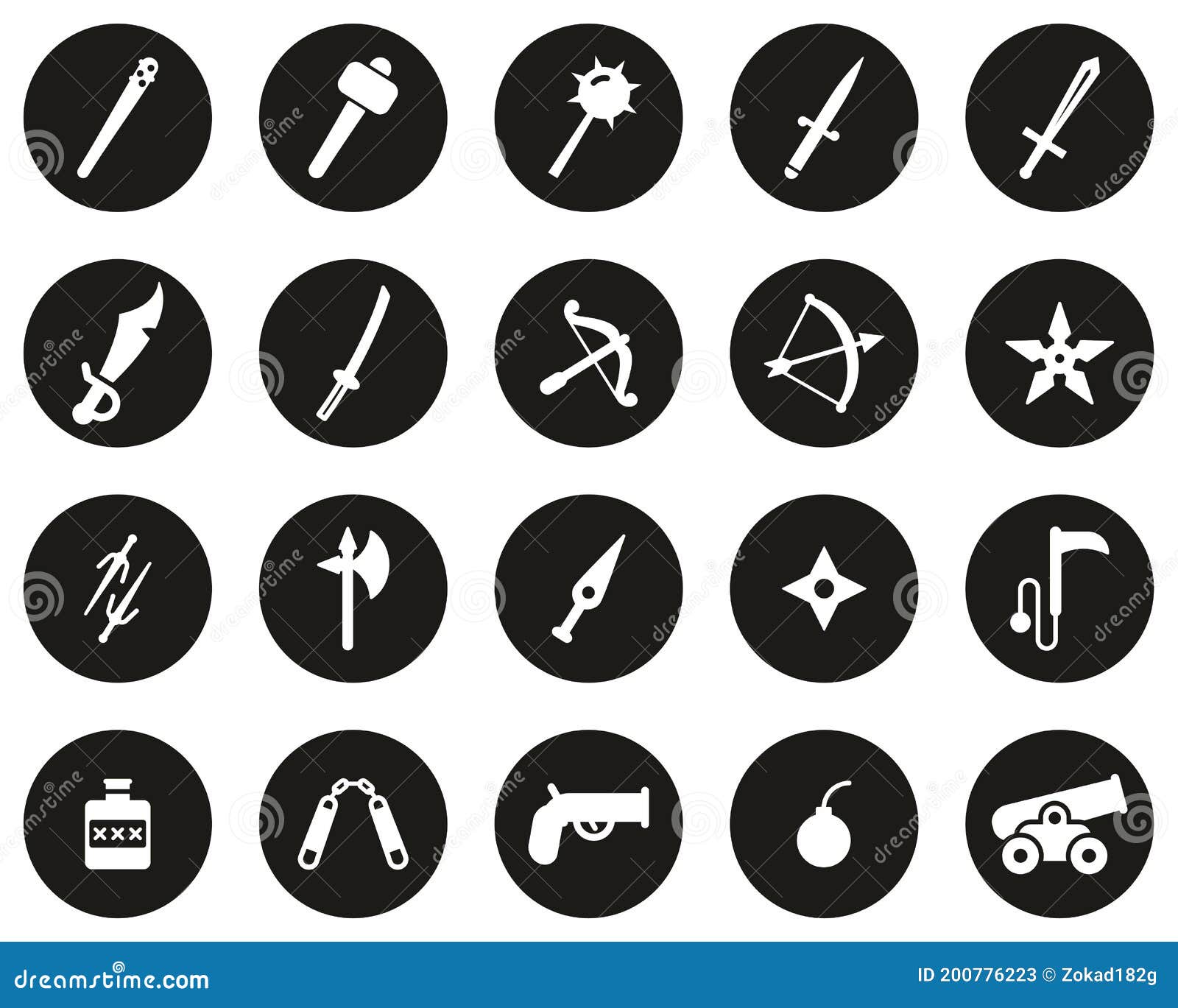 Old Weapons or Ancient Weapons Icons White on Black Flat Design Circle ...