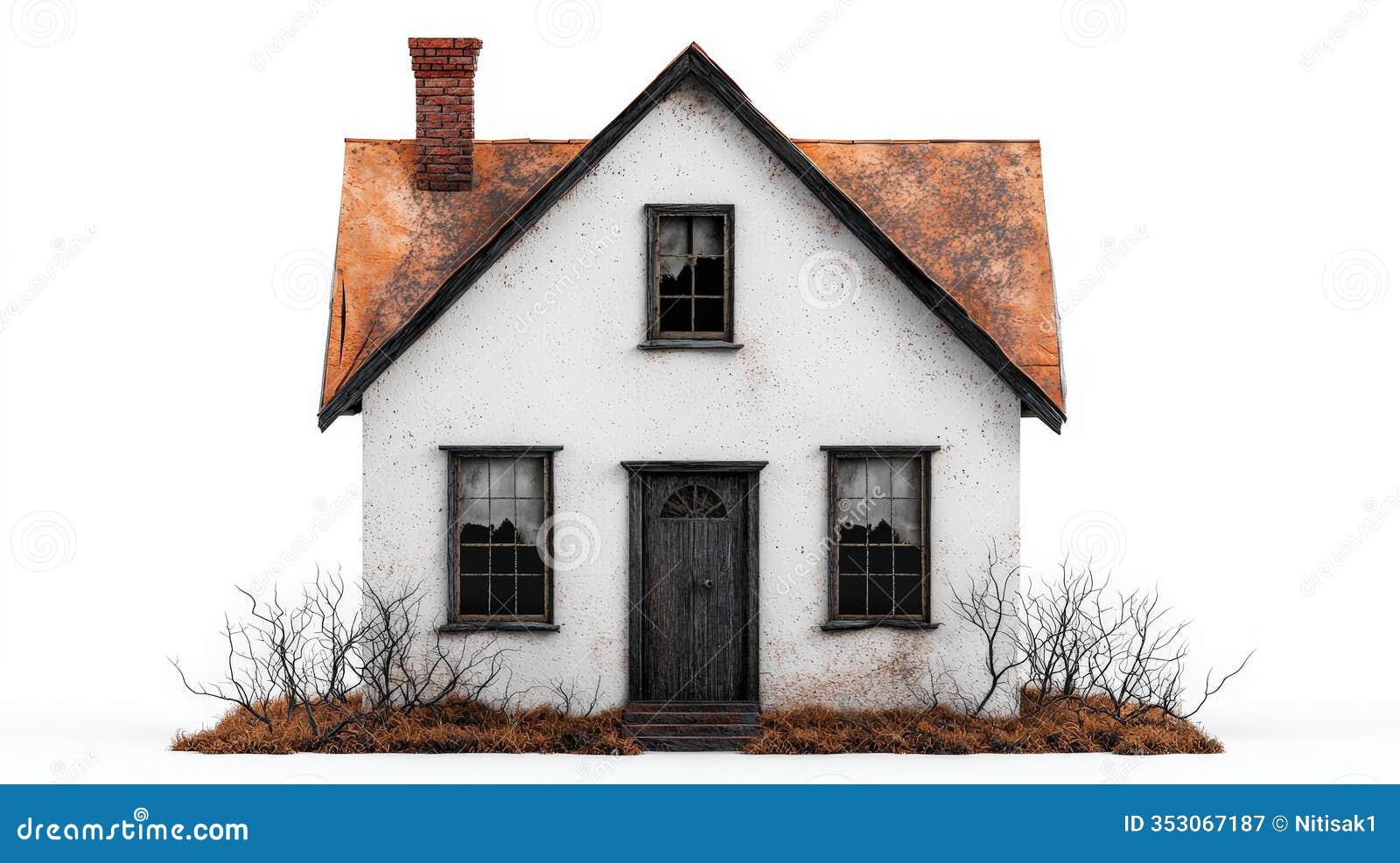Old Weathered House with a Rusty Roof on Isolated White Background ...