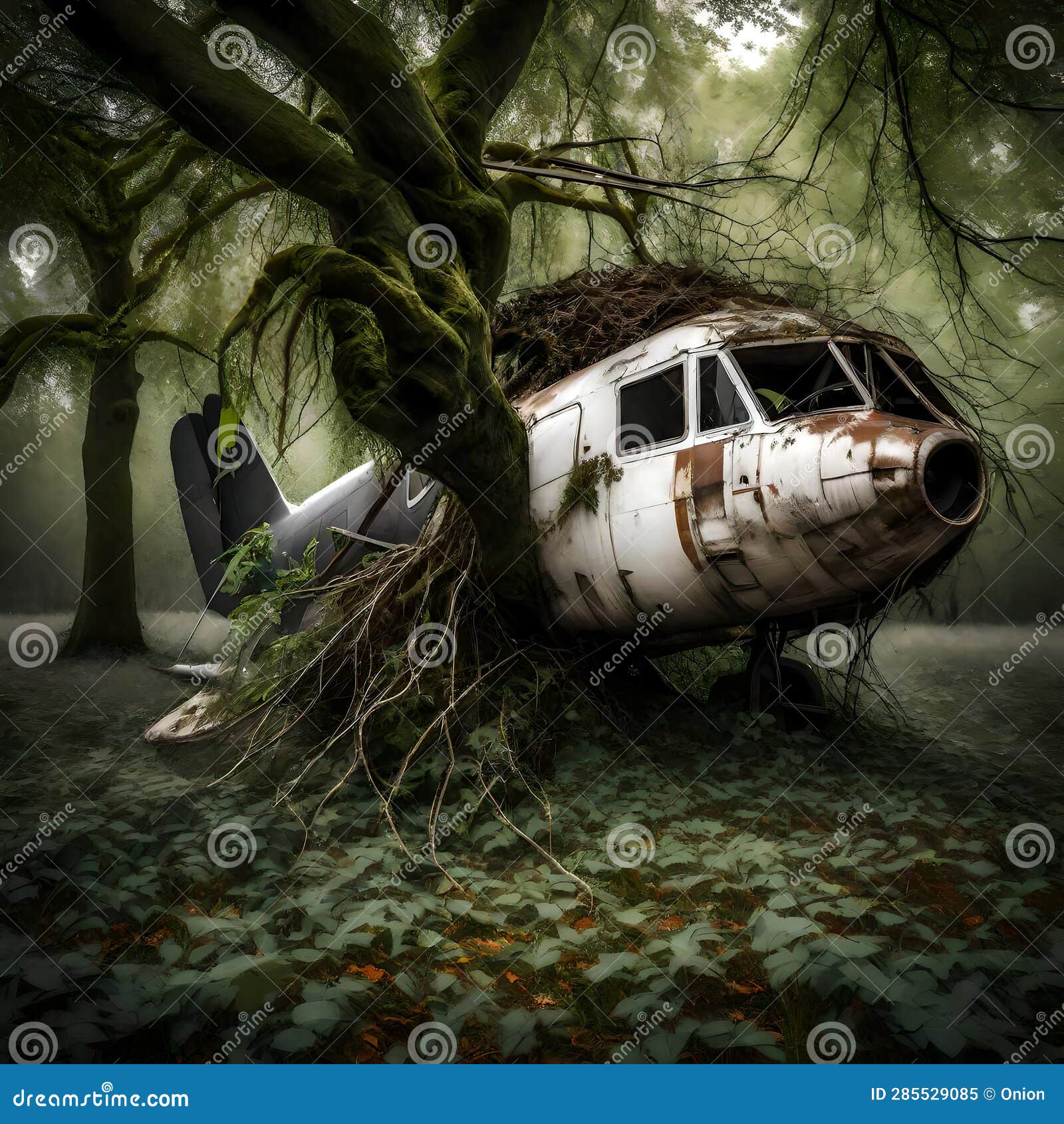 Old Plane Crashed into a Tree - Ai Generated Image Stock Illustration ...