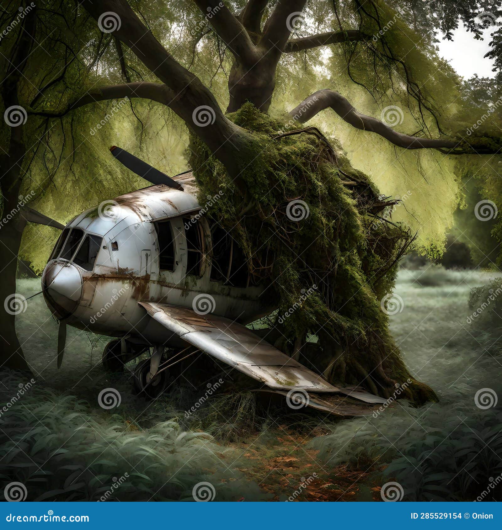 Old Plane Crashed into a Tree - Ai Generated Image Stock Illustration ...