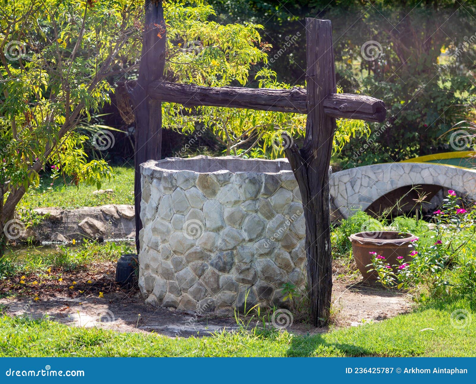 Old Well Made of Bricks and Wooden Pole Stock Image - Image of ...